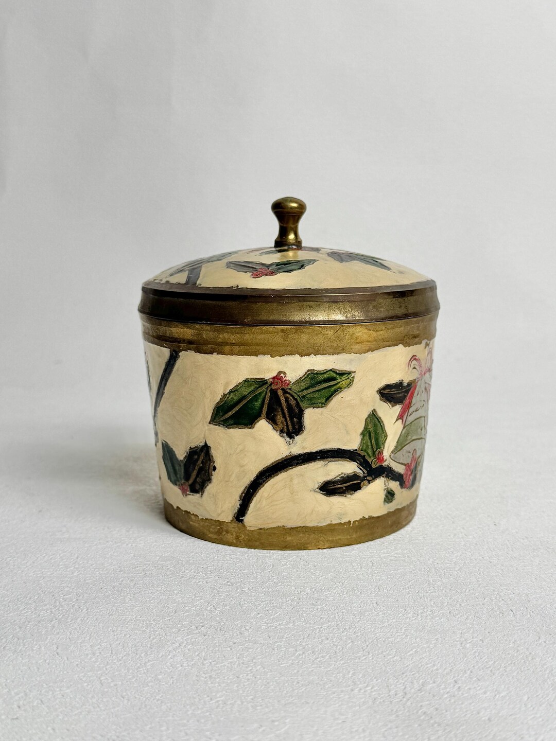 Vintage Brass Enamel Trinket Box | Christmas Holly Bells, Cream Lidded ...