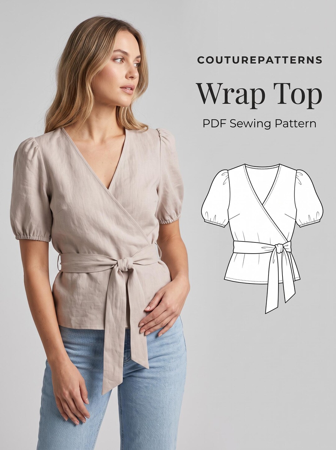 Wrap Top Sewing Pattern PDF, Crop Wrap Tie V Neck Top Pattern, Linen ...