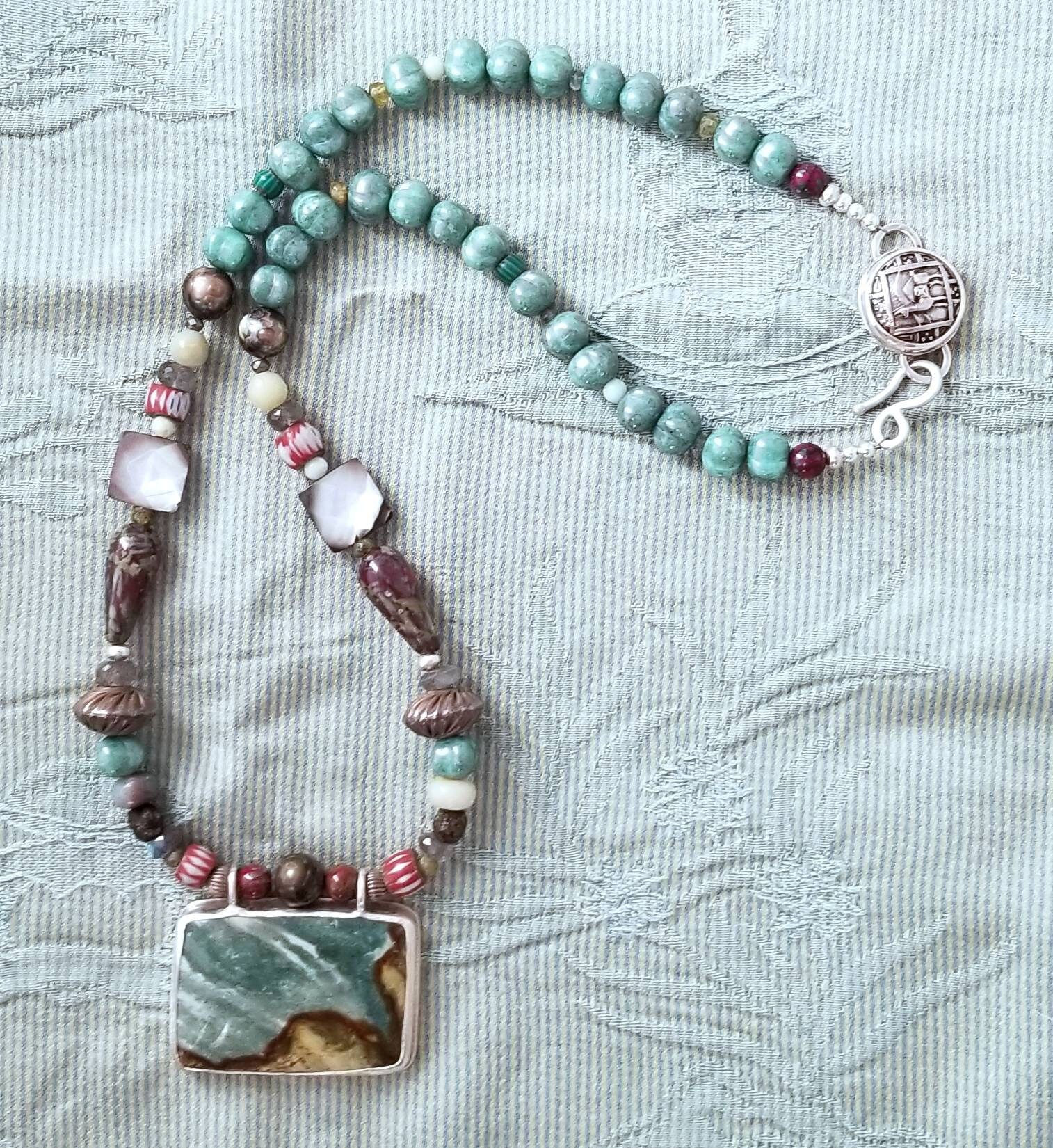 Incan Sky Necklace - Picture Jasper Sterling Pendant - Peruvian Button ...