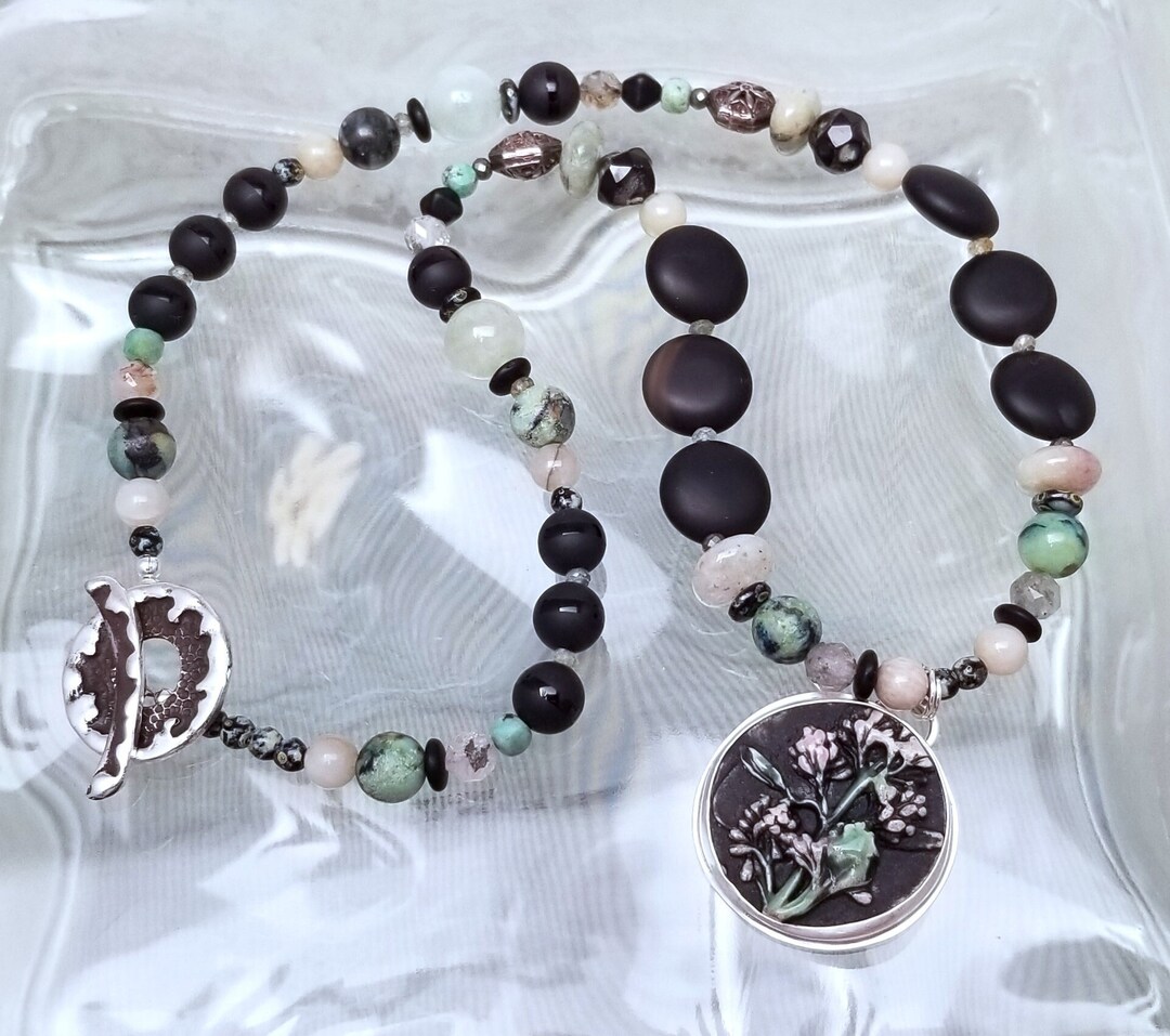 Maxine Necklace Floral Cab by Mary Harding Silver Setting Green, Gray ...