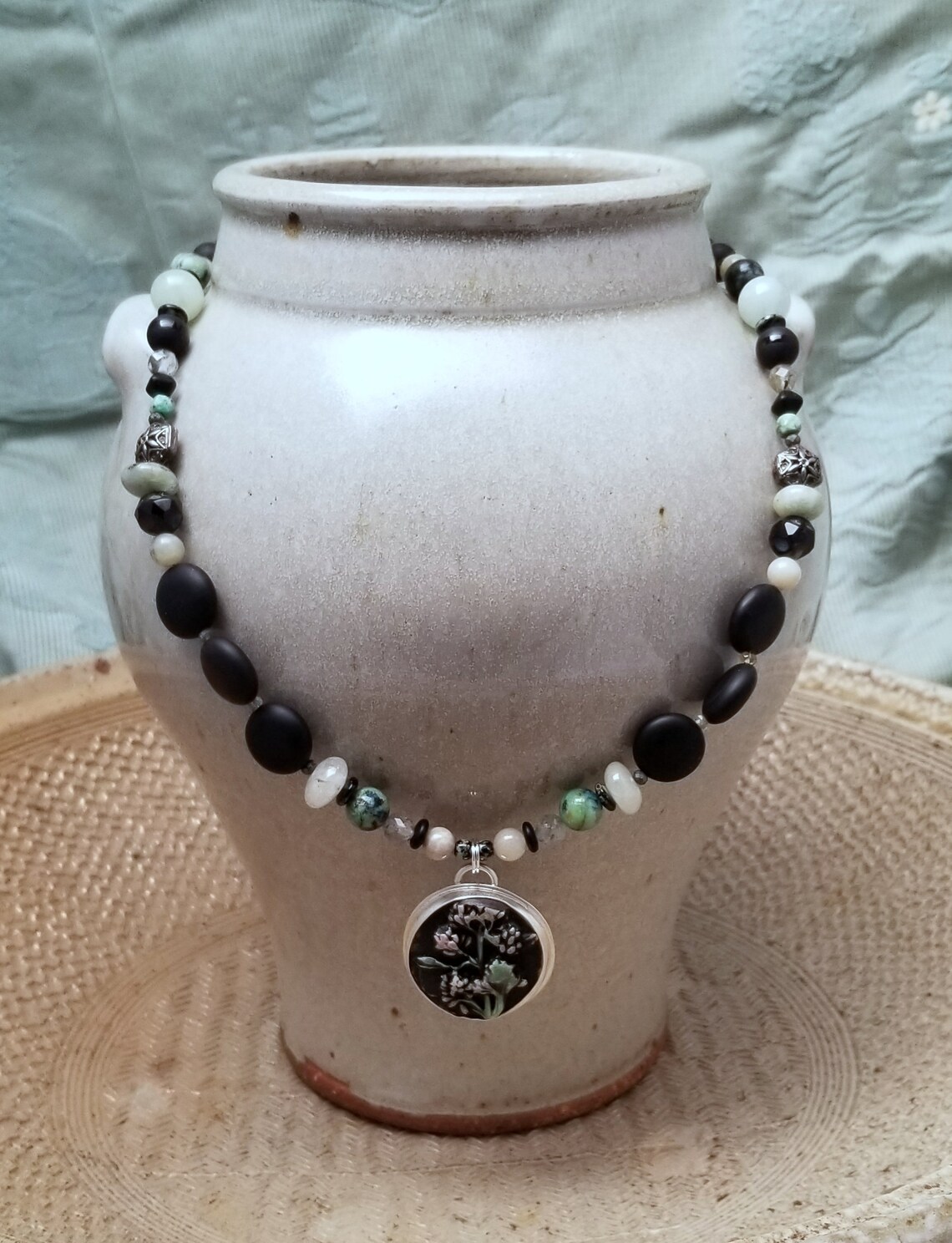 Maxine Necklace Floral Cab by Mary Harding Silver Setting Green, Gray ...