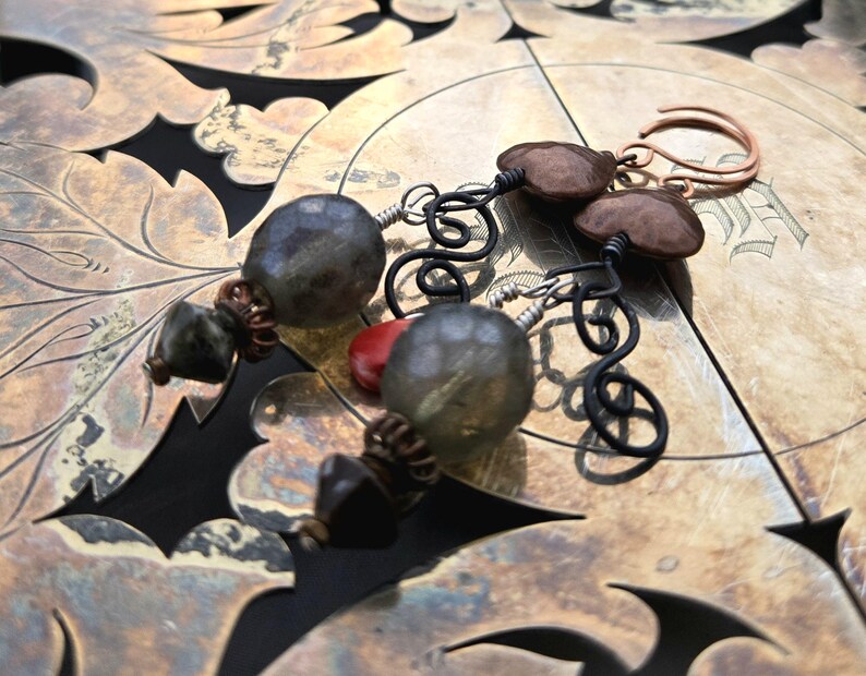 Tulach Earrings - Ghana Copper, Glass, Spondylus Shell, Ocean Jasper ...