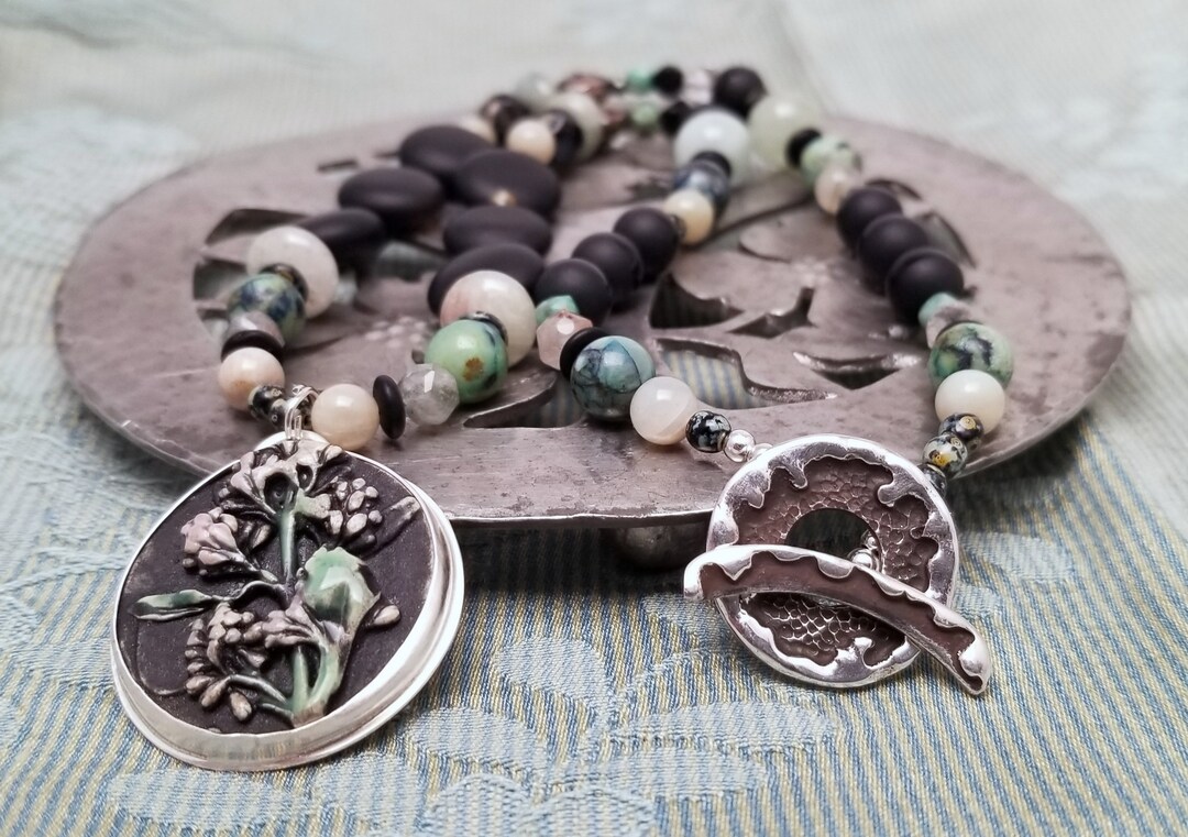 Maxine Necklace Floral Cab by Mary Harding Silver Setting Green, Gray ...