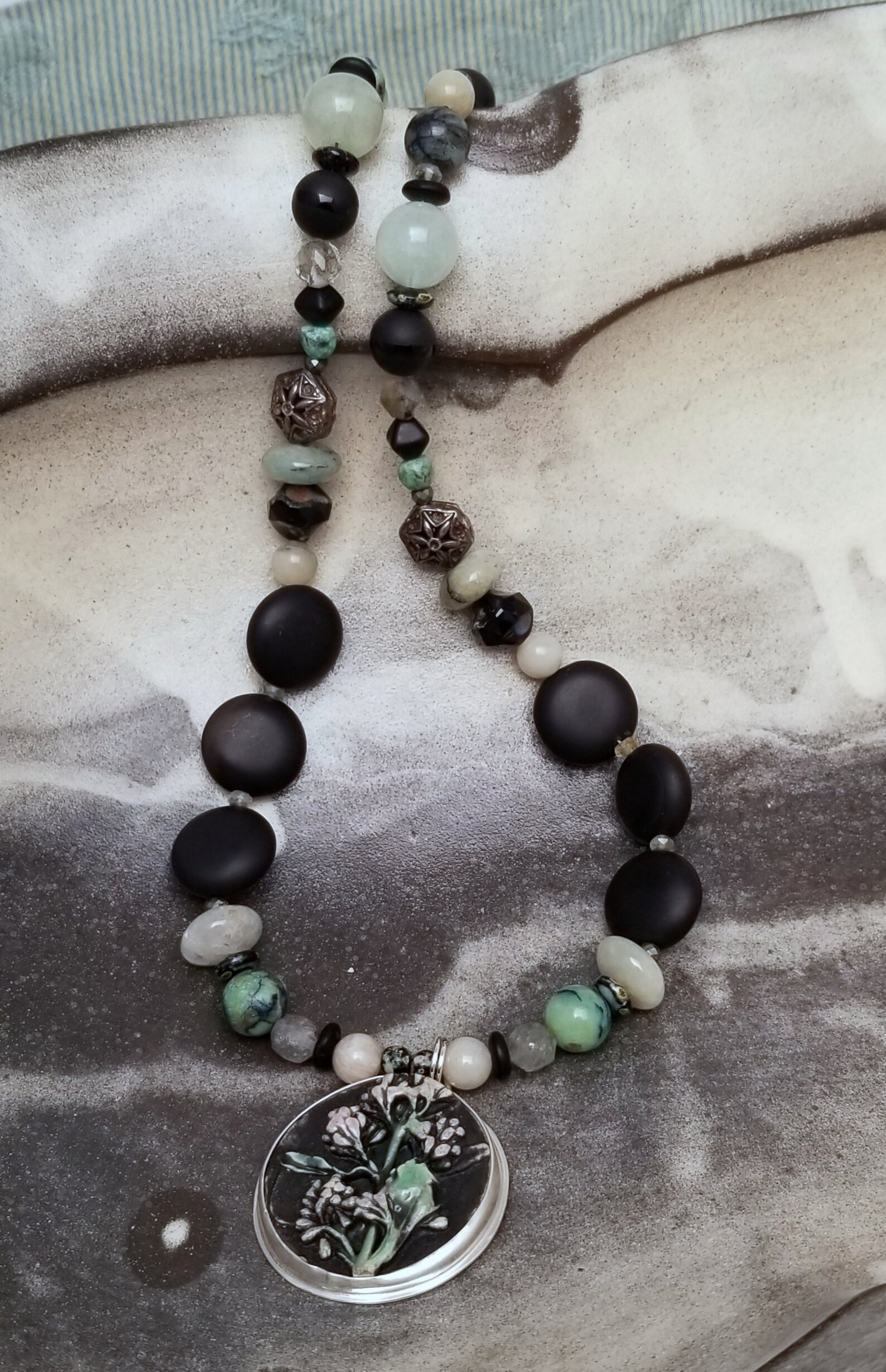 Maxine Necklace Floral Cab by Mary Harding Silver Setting Green, Gray ...