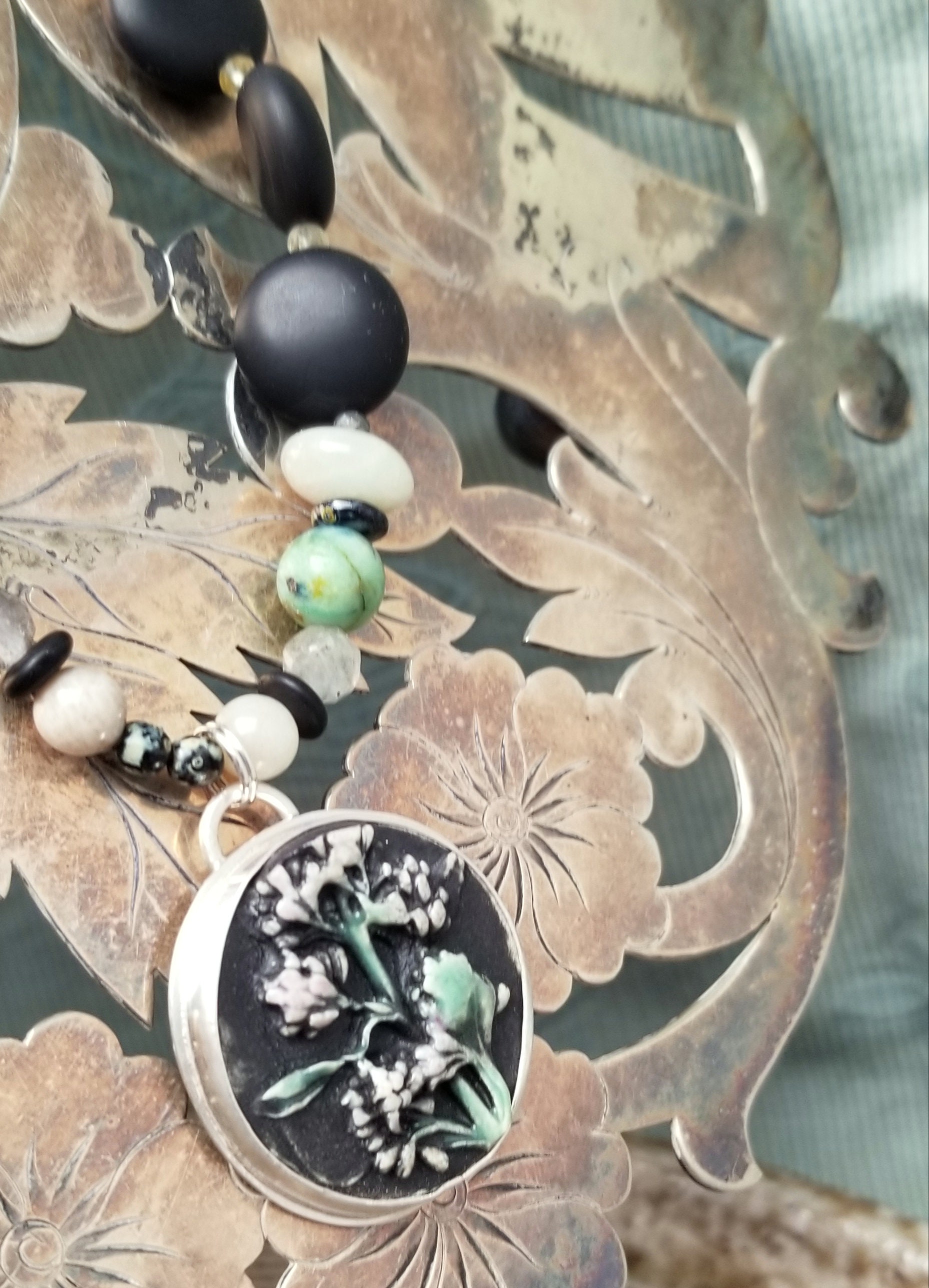 Maxine Necklace Floral Cab by Mary Harding Silver Setting Green, Gray ...