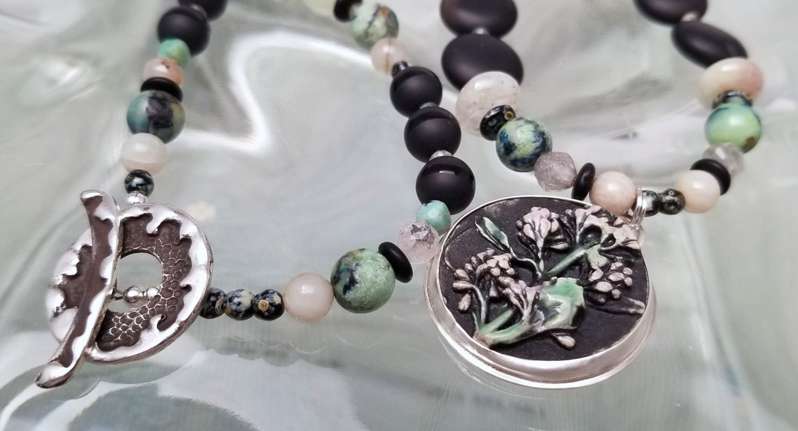 Maxine Necklace Floral Cab by Mary Harding Silver Setting Green, Gray ...
