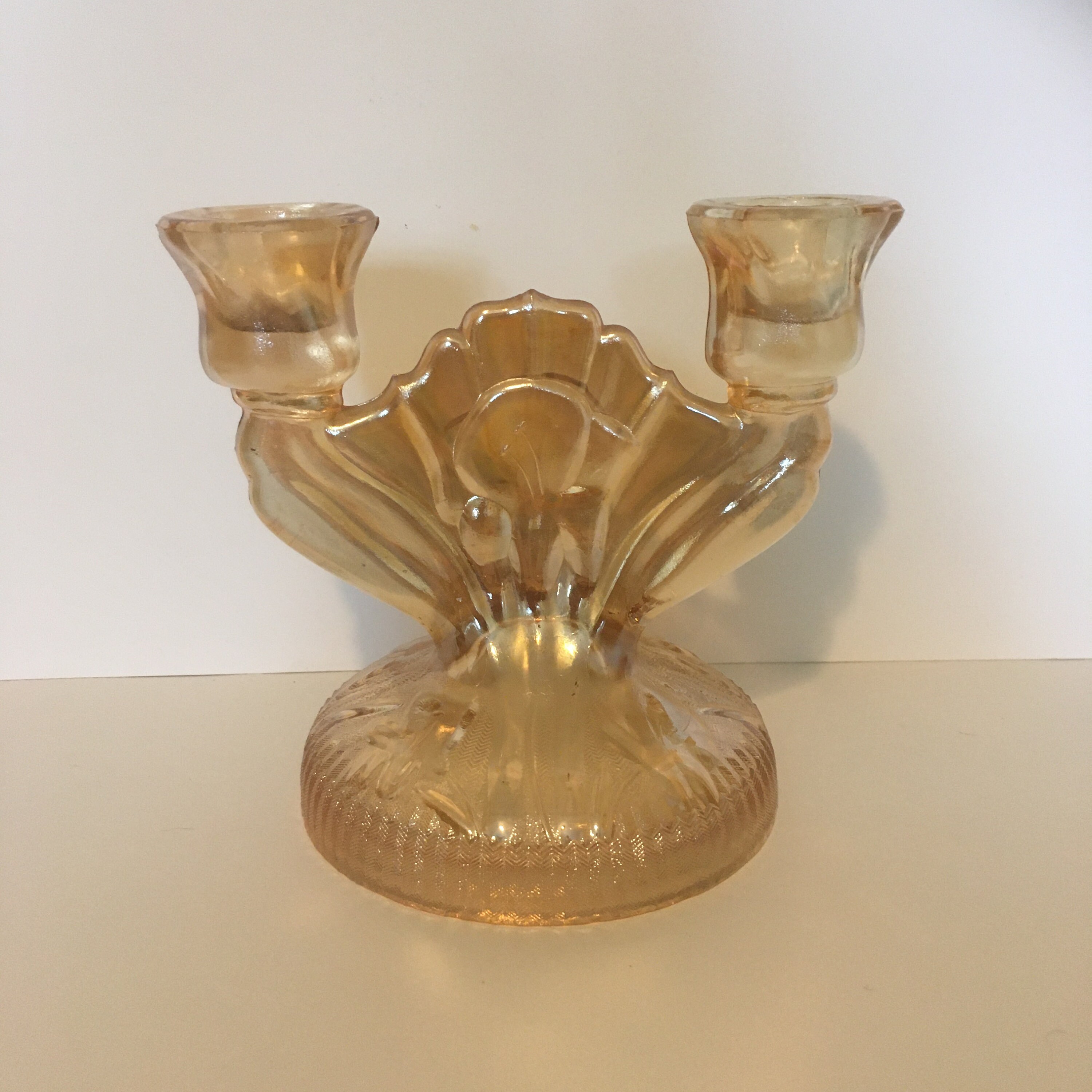 Jeannette Peach Carnival Glass Iris and Herringbone Double Candlestick ...