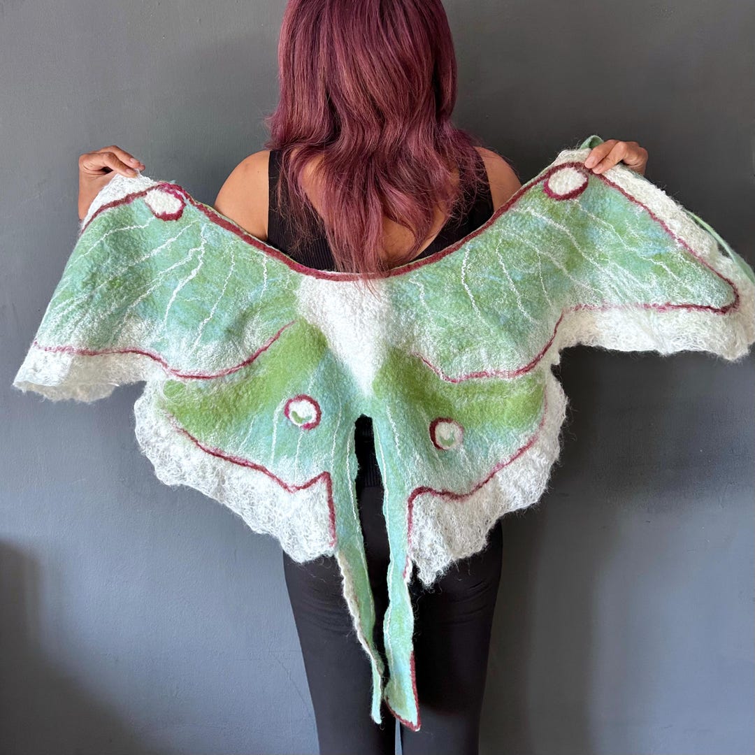 Elegant Luna Moth Wings Cape, Hand Felted Natural Wool Shawl in Pale ...