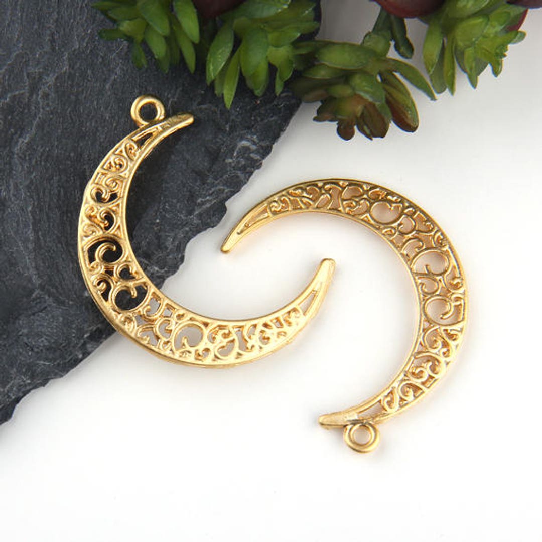 Gold, Fretwork Moon Pendants, Moon Earring Pendants, Moon Components, 2 ...