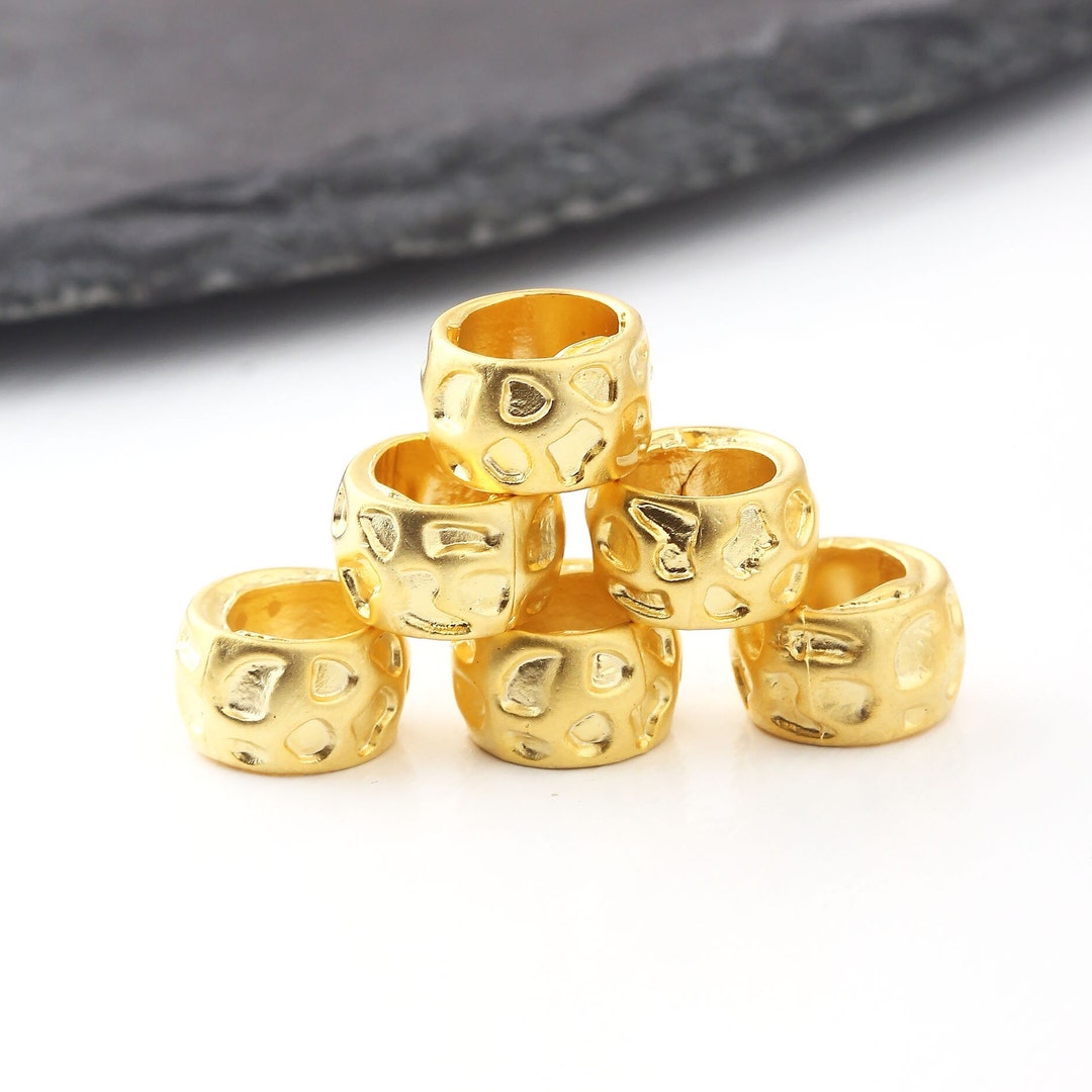 5 Gold Tube Sliders, Textured Large Hole Beads, Tubular Slider Beads ...