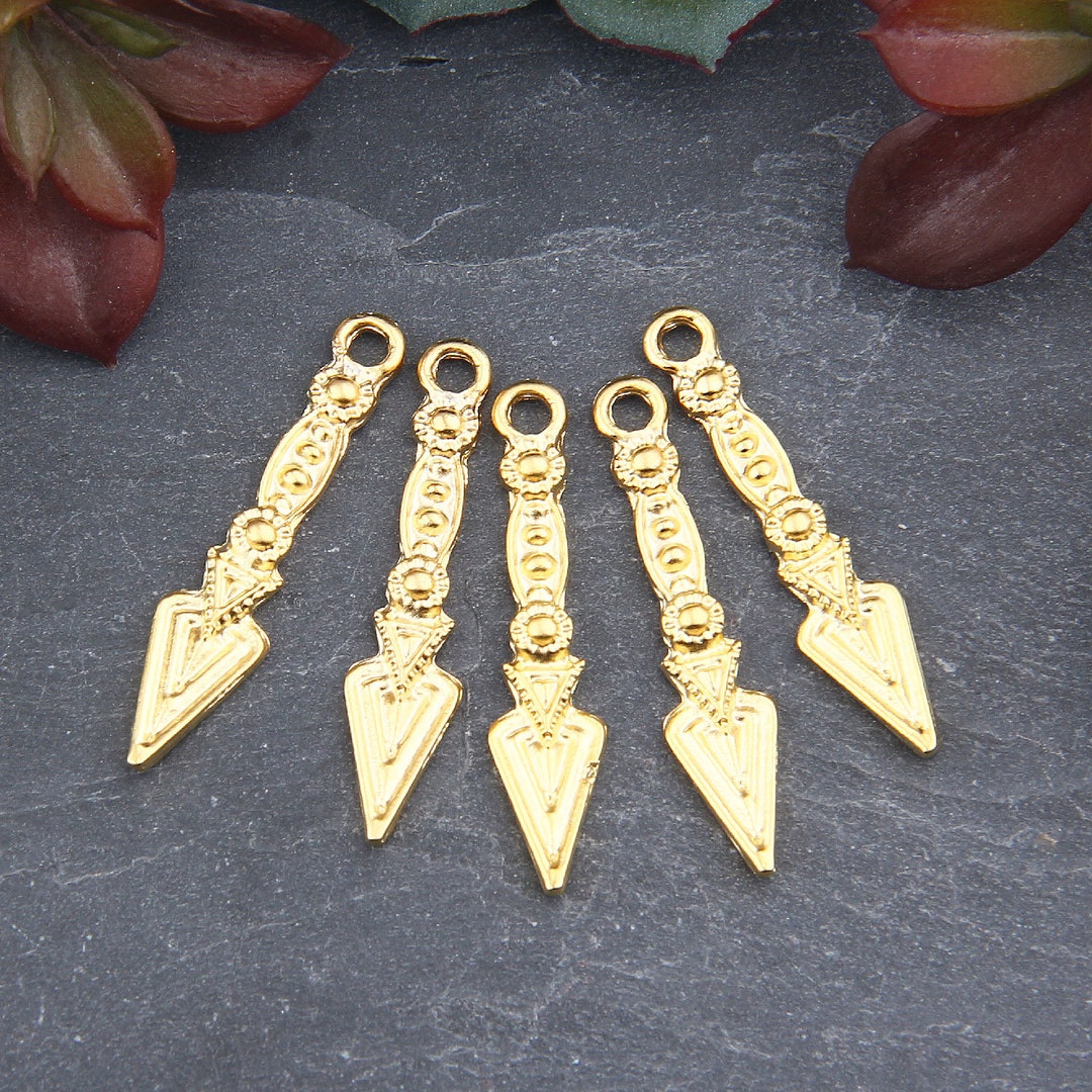 8 Gold Tribal Spike Charms, Tribal Arrow Charms, Long Spike Dangles ...