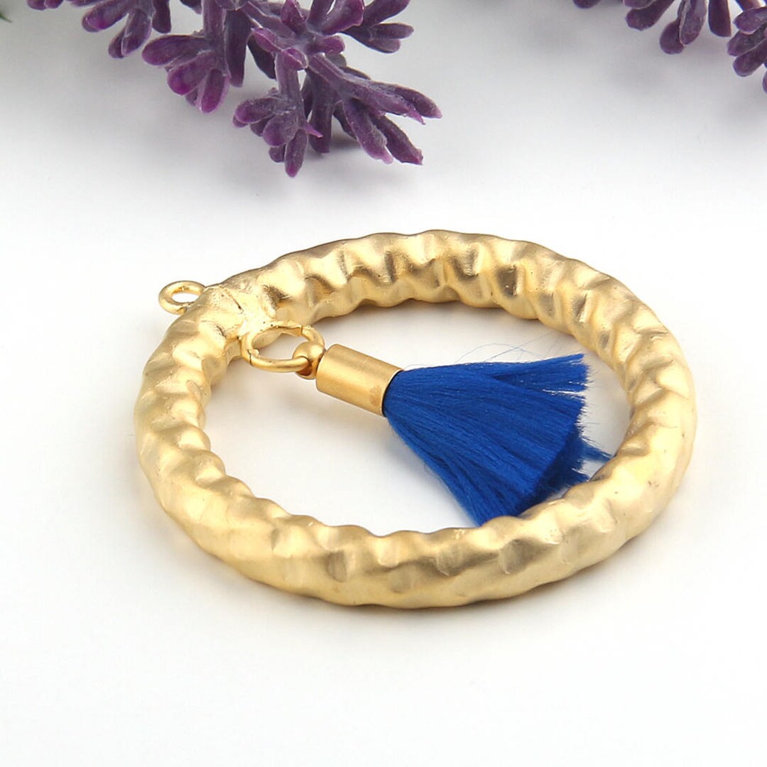 Royal Blue Large Round Hammered Pendant With Mini Tassel 1 - Etsy