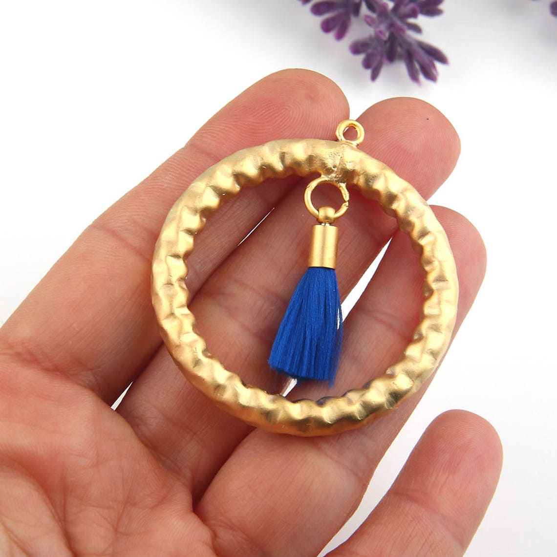 Royal Blue Large Round Hammered Pendant With Mini Tassel 1 | Etsy