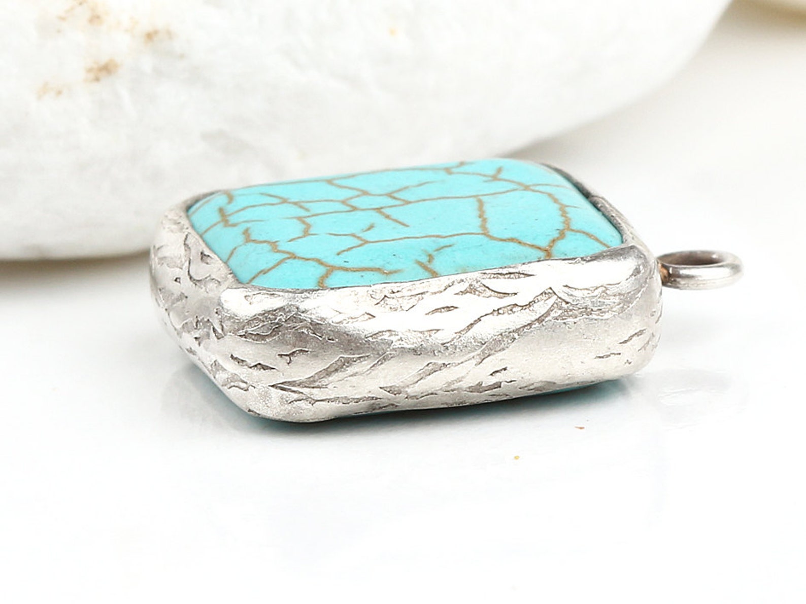 Square Turquoise Pendant Silver Plated 1 piece // SPP-107 | Etsy