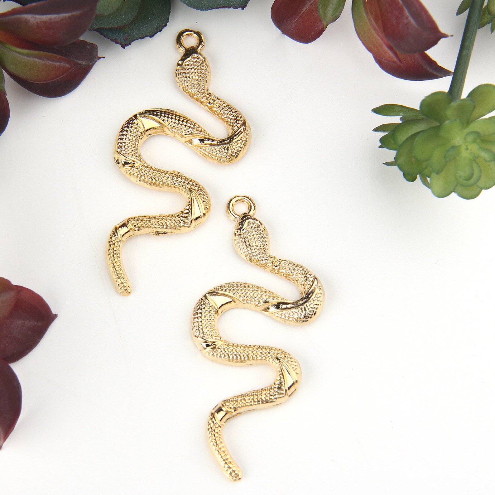 2 Shiny Gold Snake Pendant, Snake Necklace Piece, Crawling Snake ...