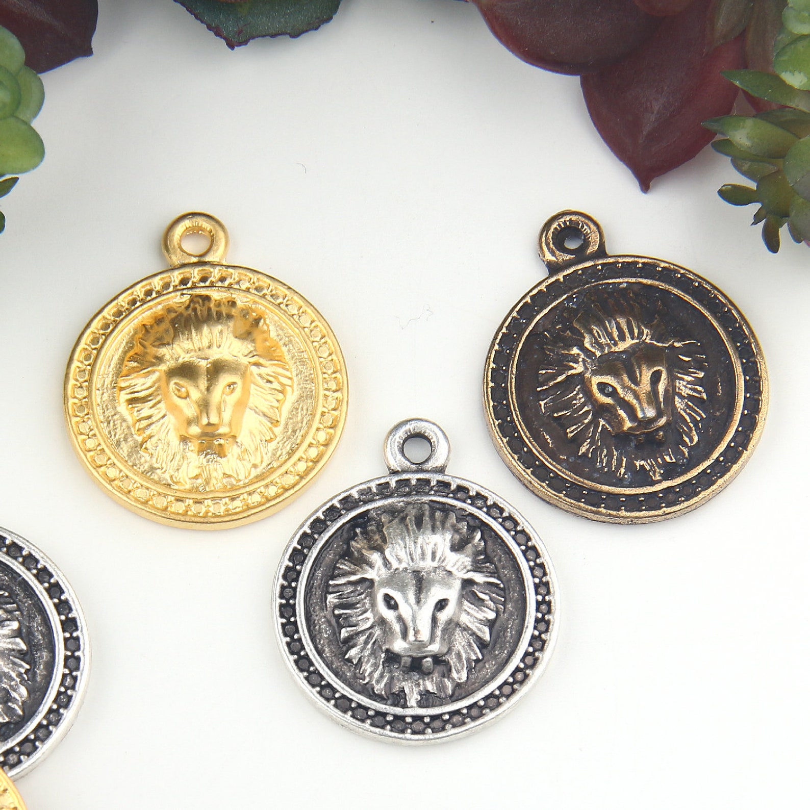 Gold, Puffed Lion Medallion Pendants, Gold Medallion, Jewelry Supplies ...