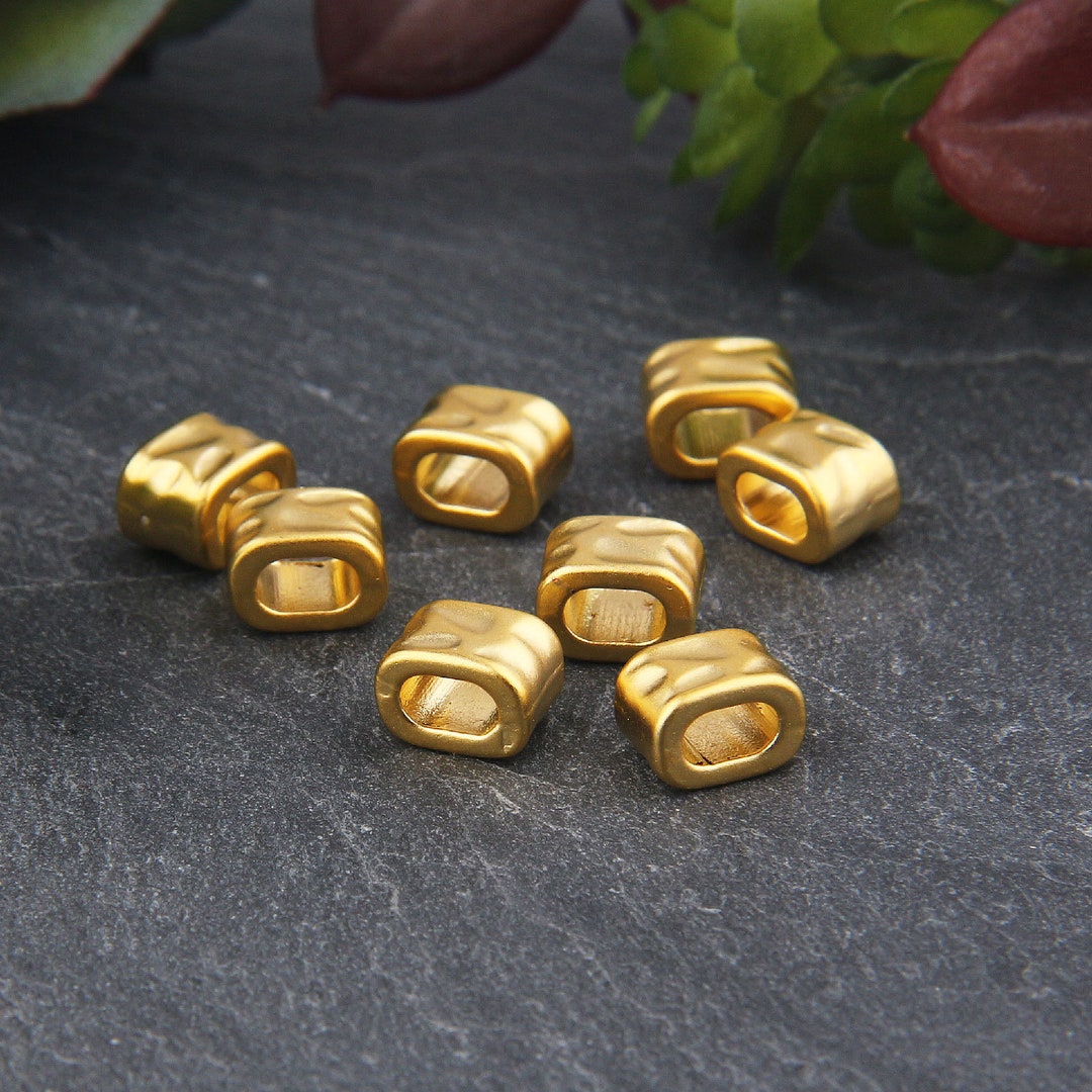 8 Hammered Gold Bead Sliders, Cord Sliders, Ribbon Spacers, 22k Matte ...
