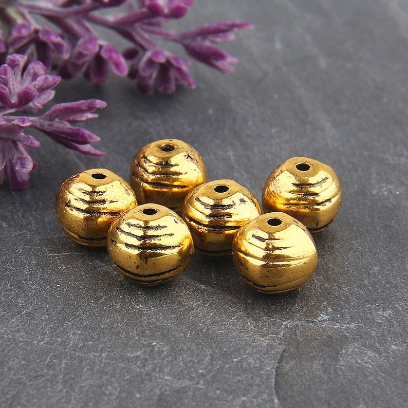 Antique Gold Tone Round Textured Metal Beads 6 peices // | Etsy