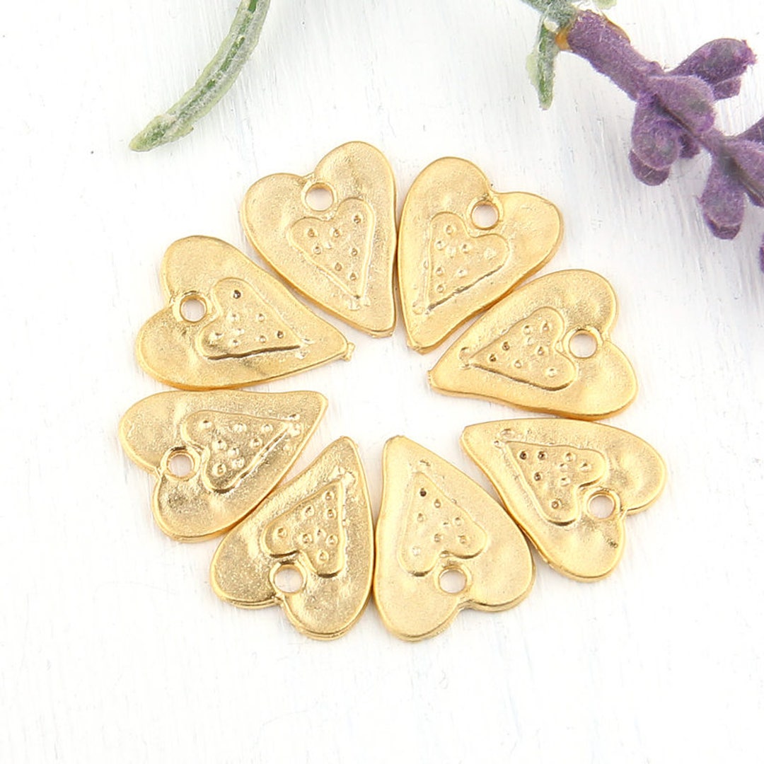 8 Textured Gold Heart Charms. Gold Hammered Hearts, Mini Heart Charms ...