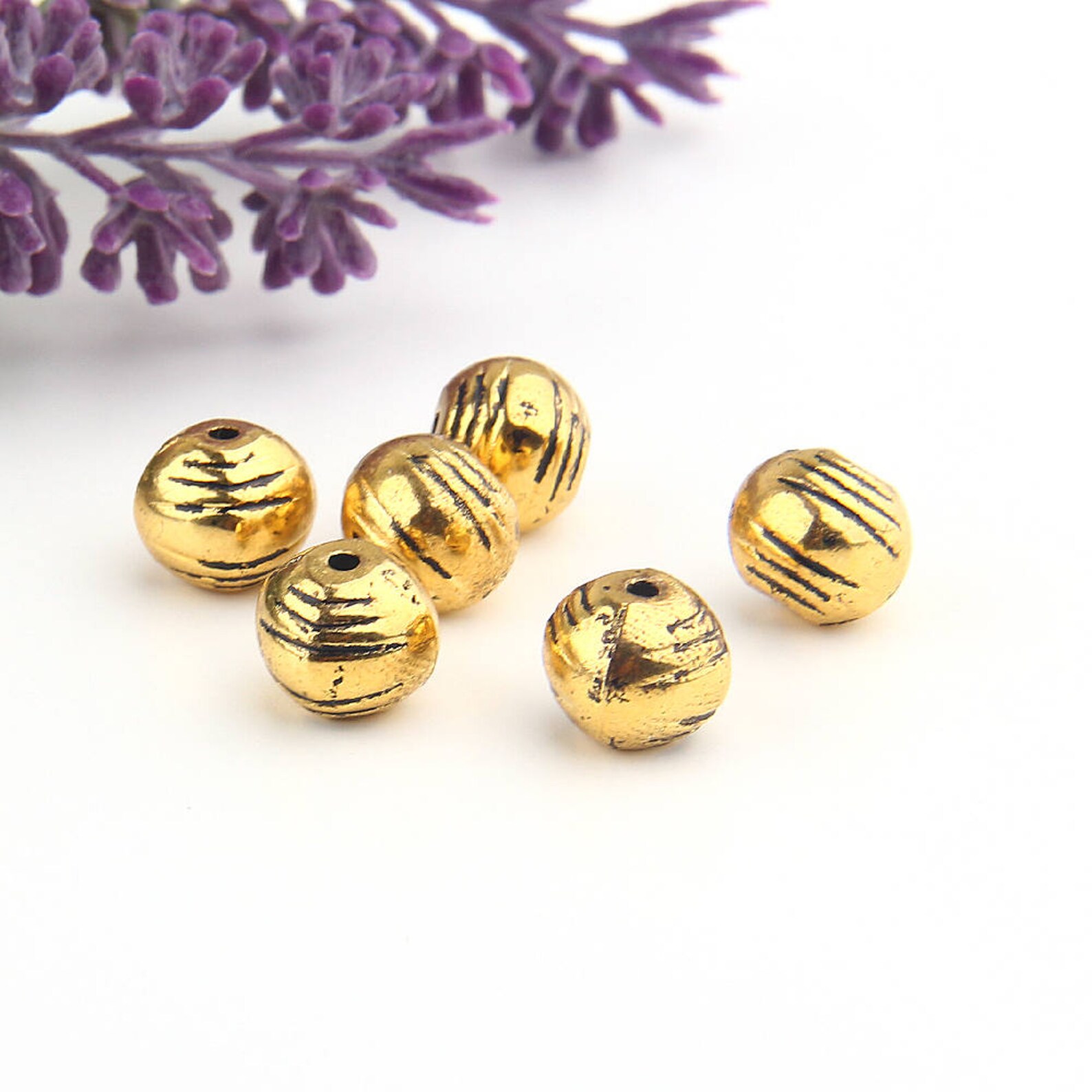 Antique Gold Tone Round Textured Metal Beads, 6 Peices // GB-211 - Etsy