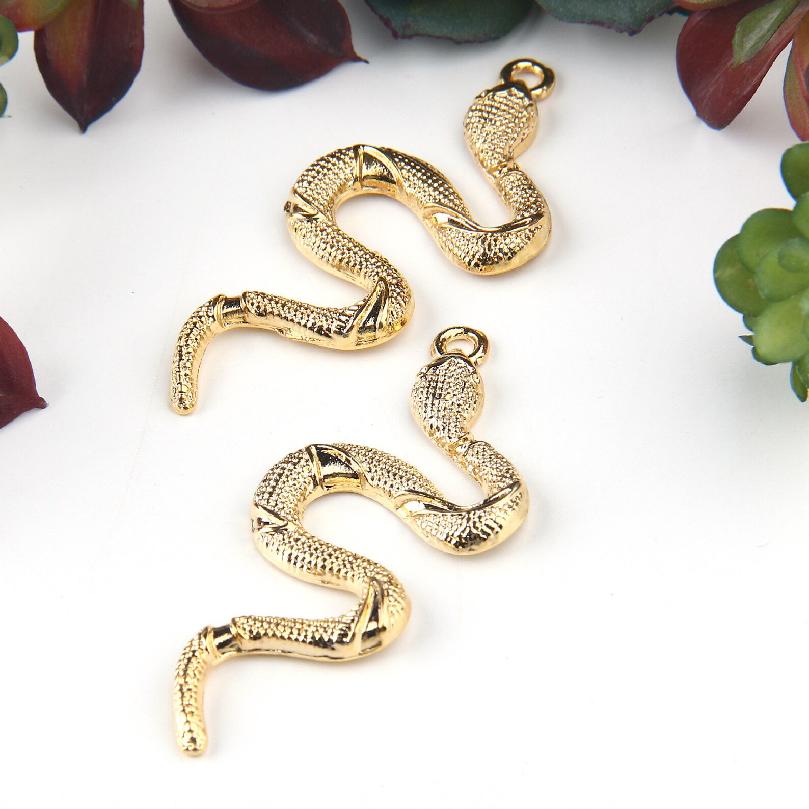 2 Shiny Gold Snake Pendant, Snake Necklace Piece, Crawling Snake ...
