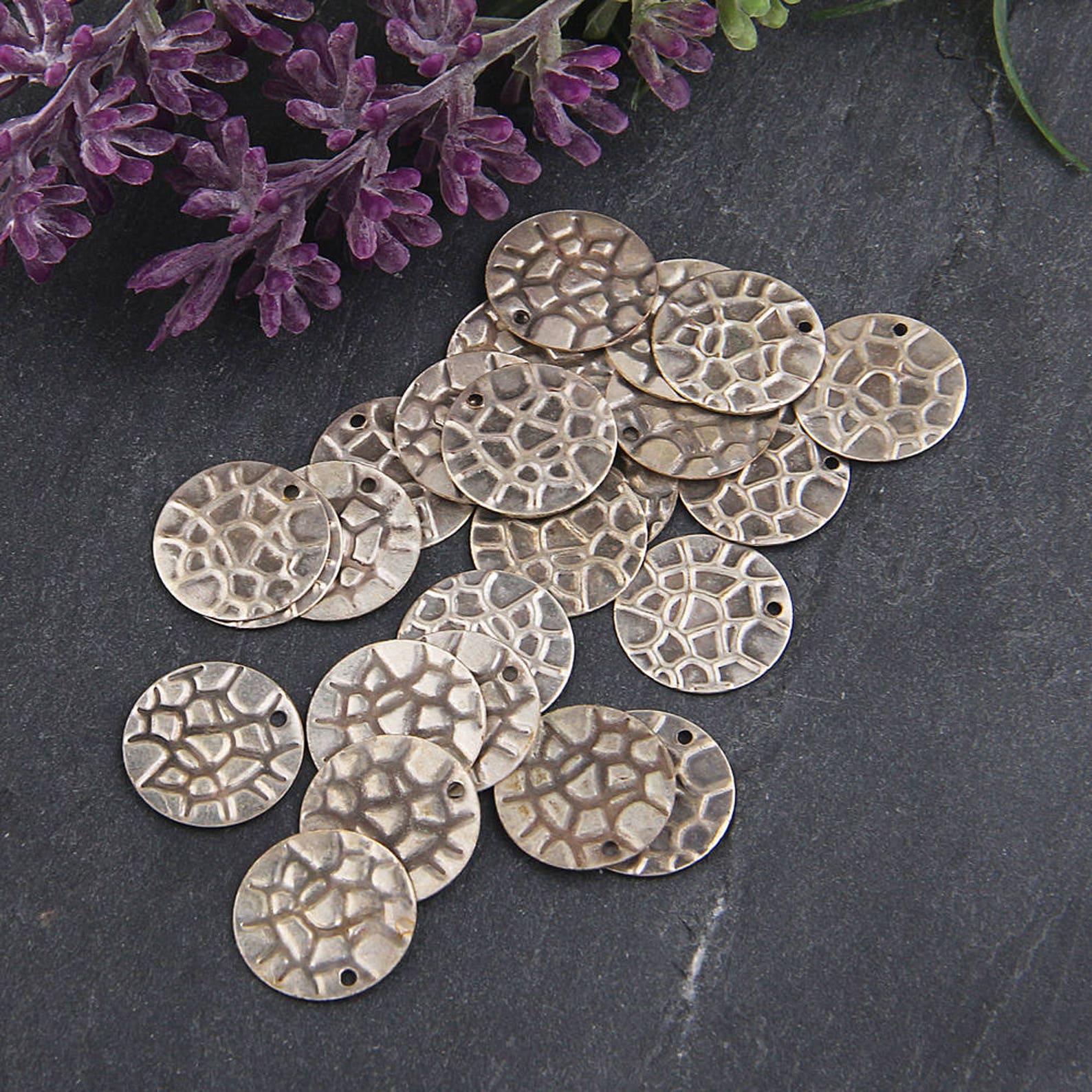 Silver Textured Round Thin Coin Charms Thin Disc Charms | Etsy