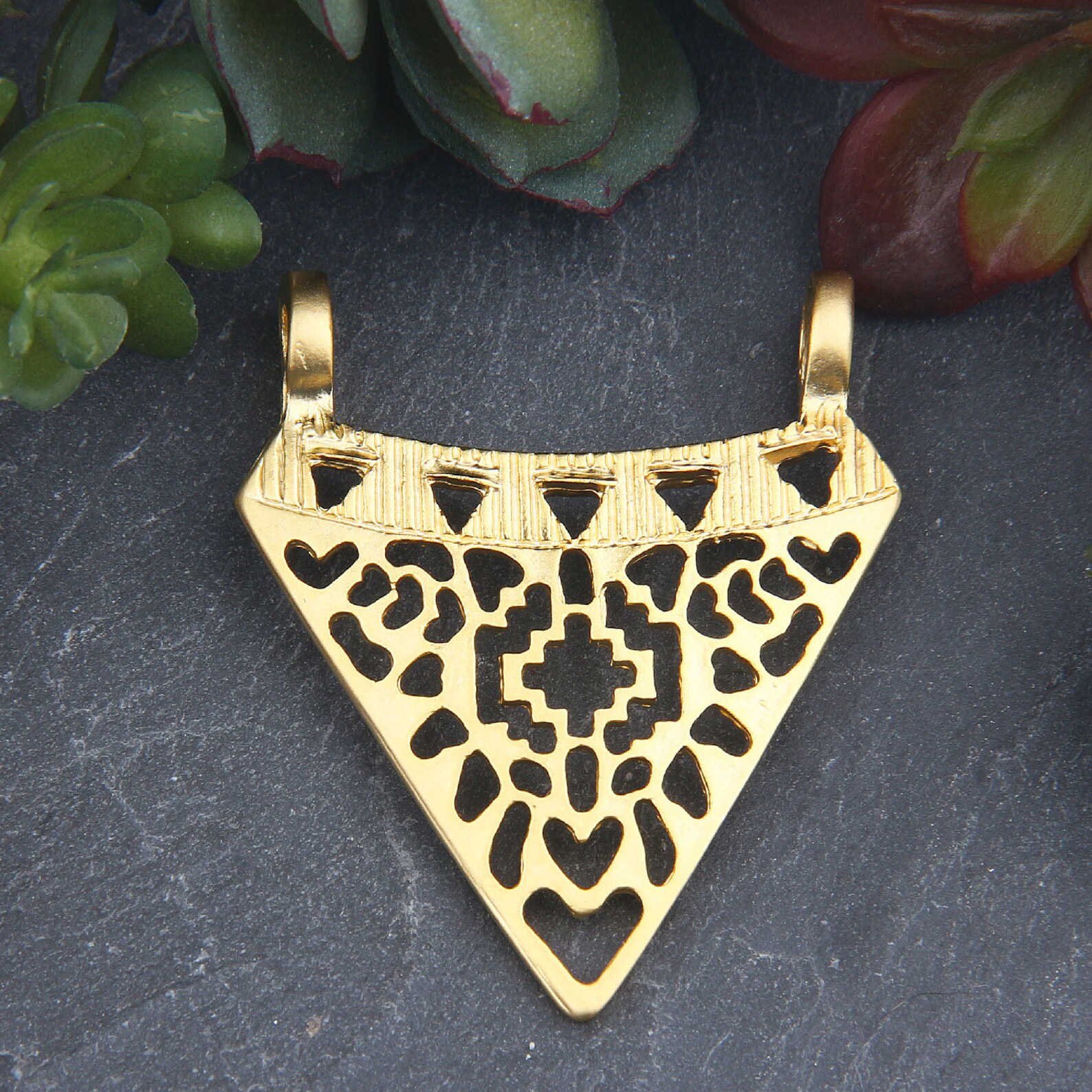 1 Gold Fretwork Tribal Cut-out Pattern Pendant, Tribal Triangle Pendant ...