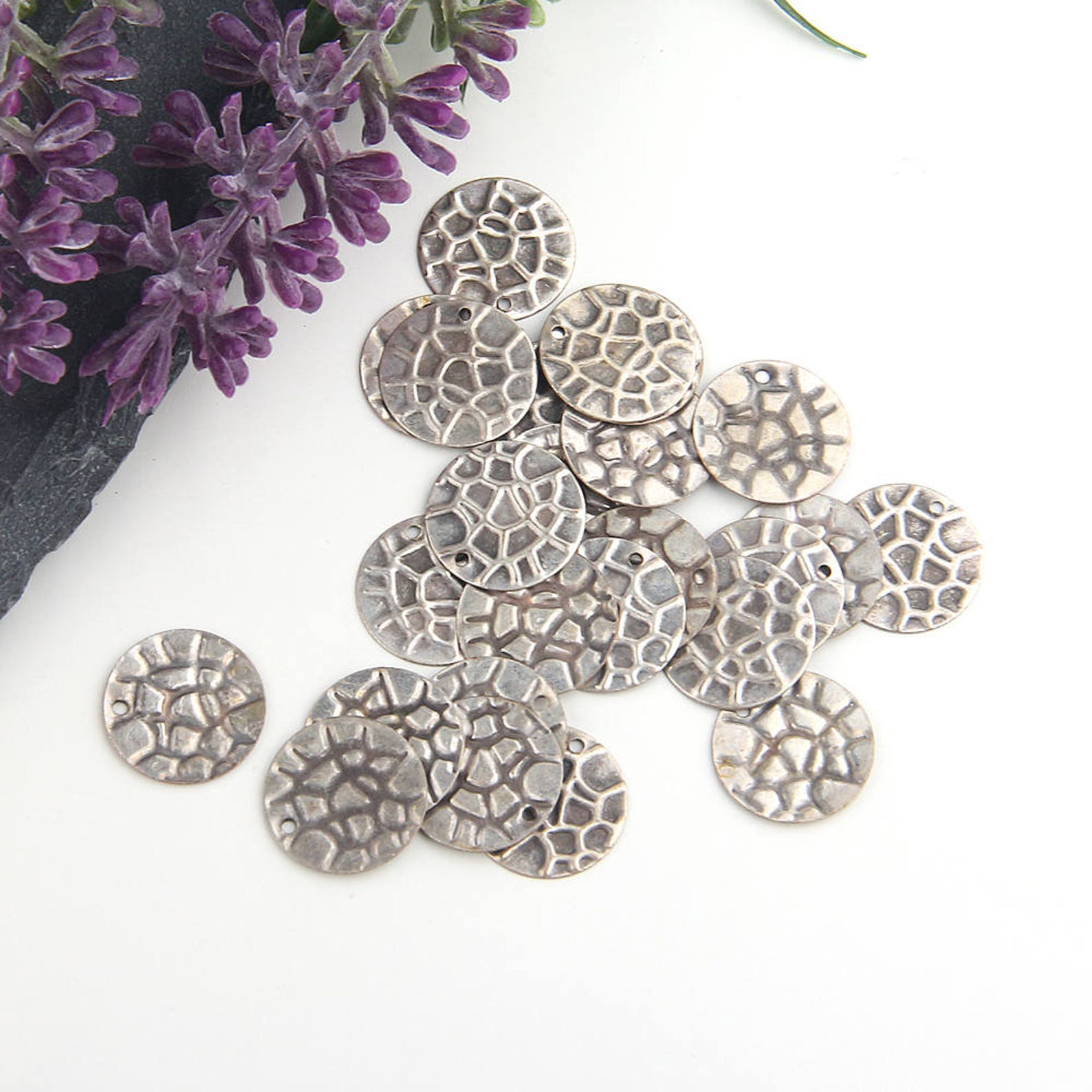 Silver Textured Round Thin Coin Charms Thin Disc Charms | Etsy