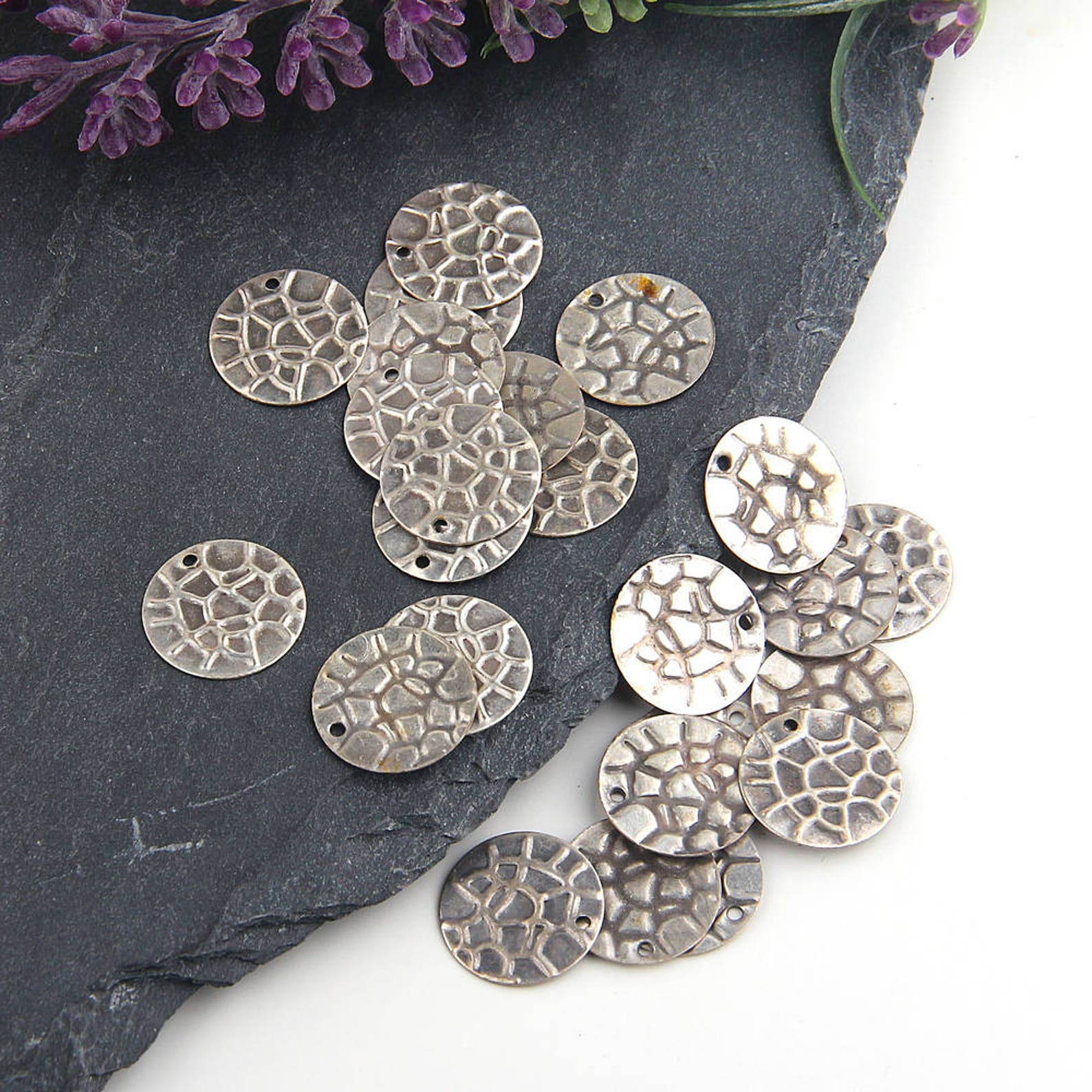 Silver Textured Round Thin Coin Charms Thin Disc Charms | Etsy