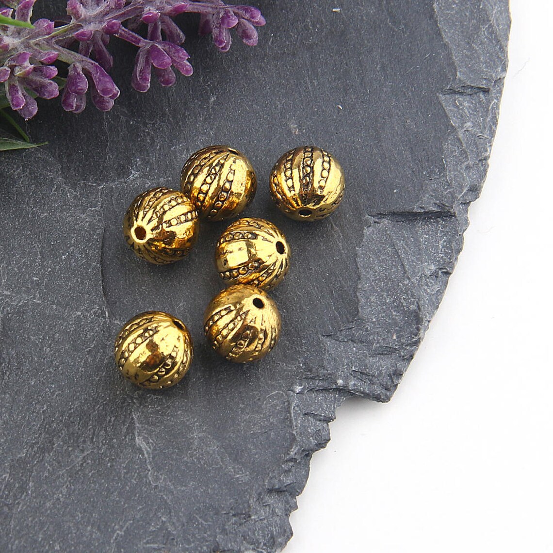 Antique Gold Tone Round Textured Metal Beads 6 Pieces // | Etsy