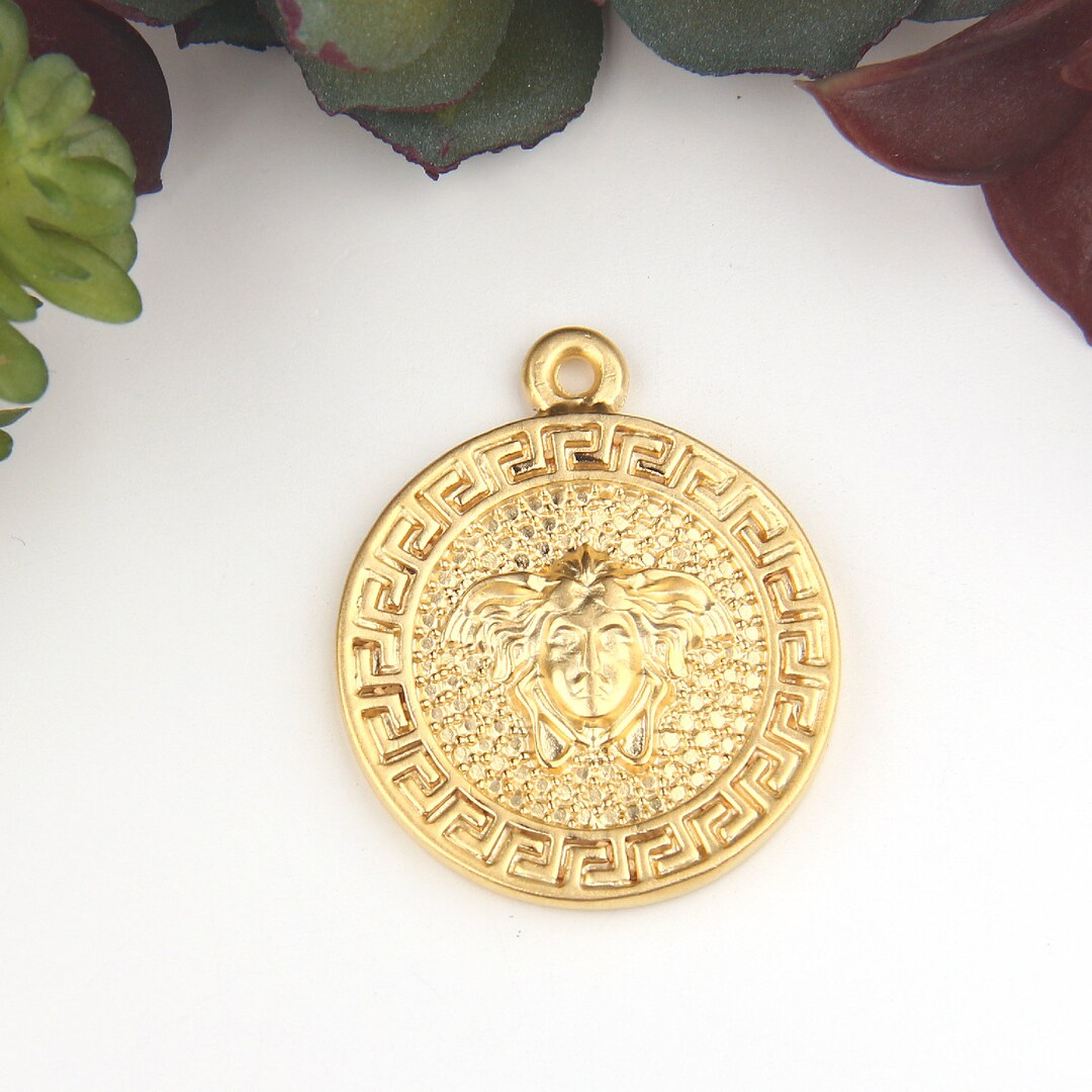1 Gold Medallion Pendant, Medallion, Greek Medallion Pendant, 28x33 ...