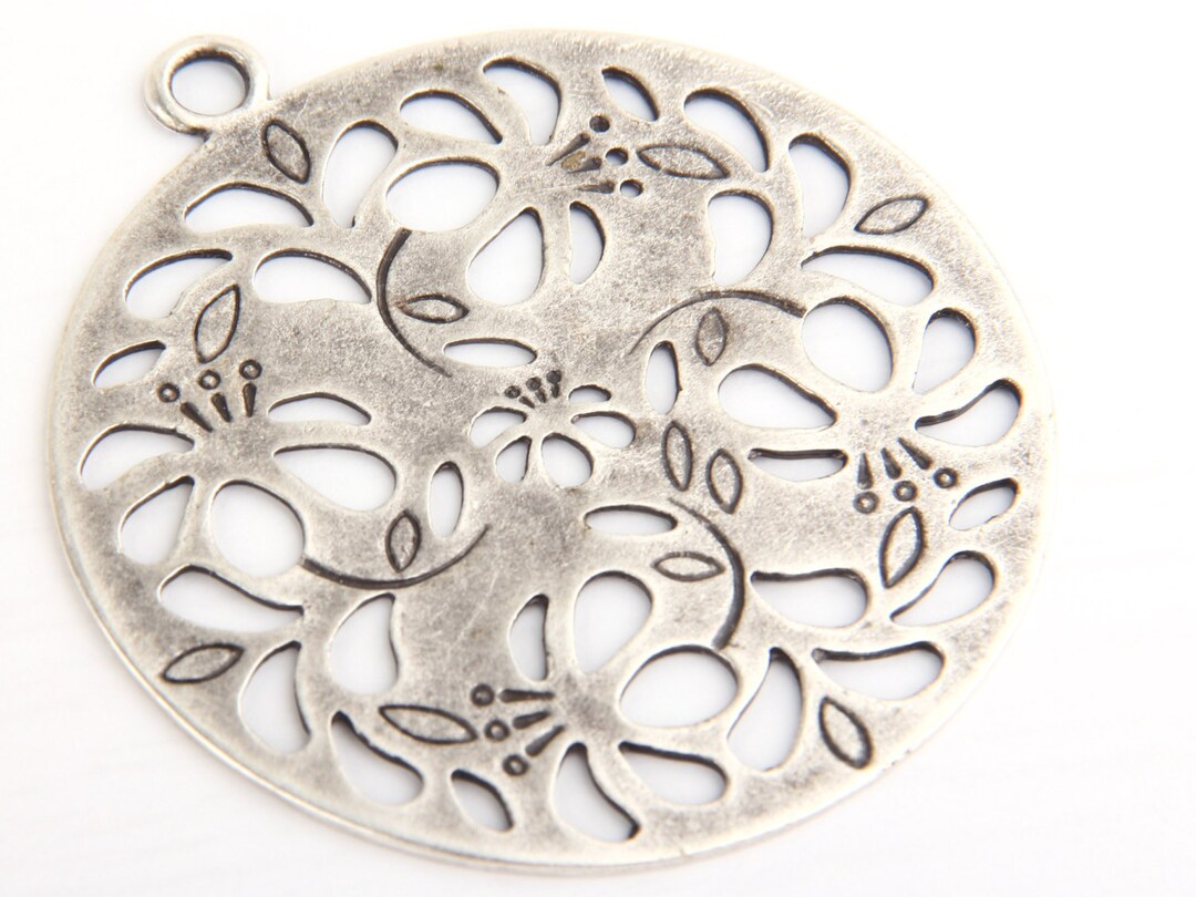 Extra Large Floral Fretwork Pendant, Matte Silver Plated, 1 Piece // SP ...