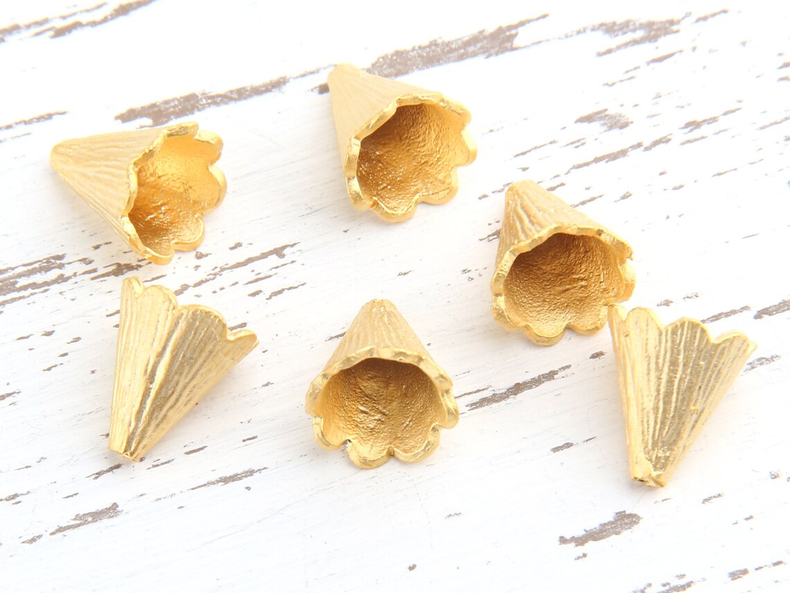Matte Gold Cone end cap Bead cap Tassel Cap 6 pieces // | Etsy