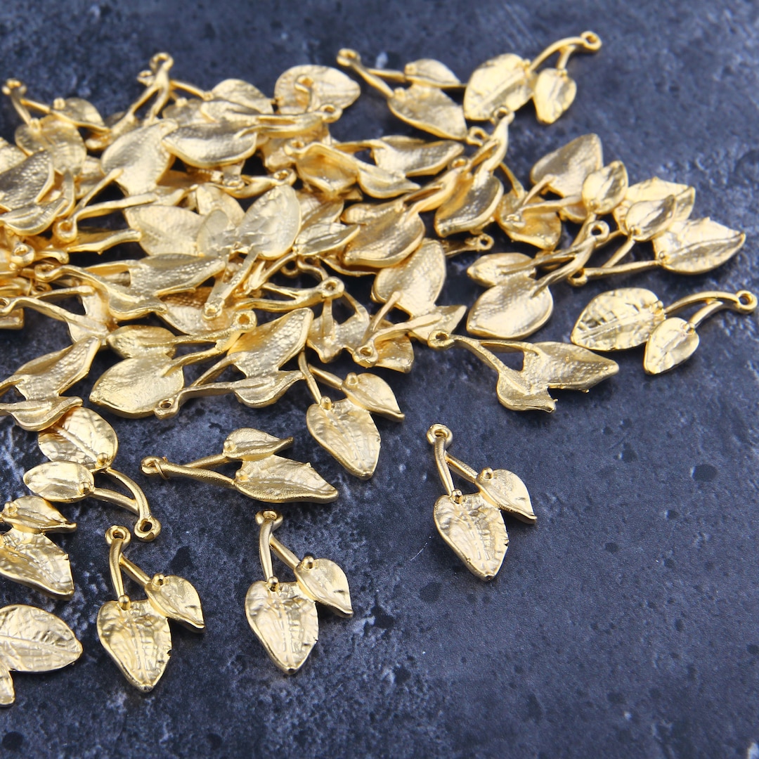 Gold Leaf Charms, Small Leaf Pendants, Double Leaf Charms, 5 Pieces ...
