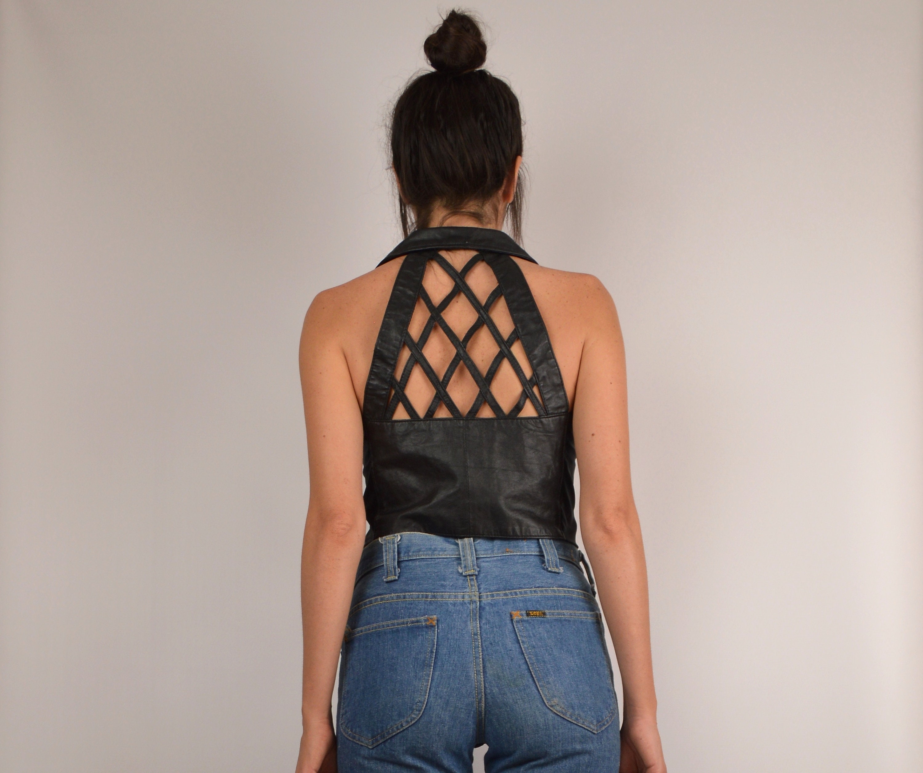 Vintage Leather Zip Up Crop Top