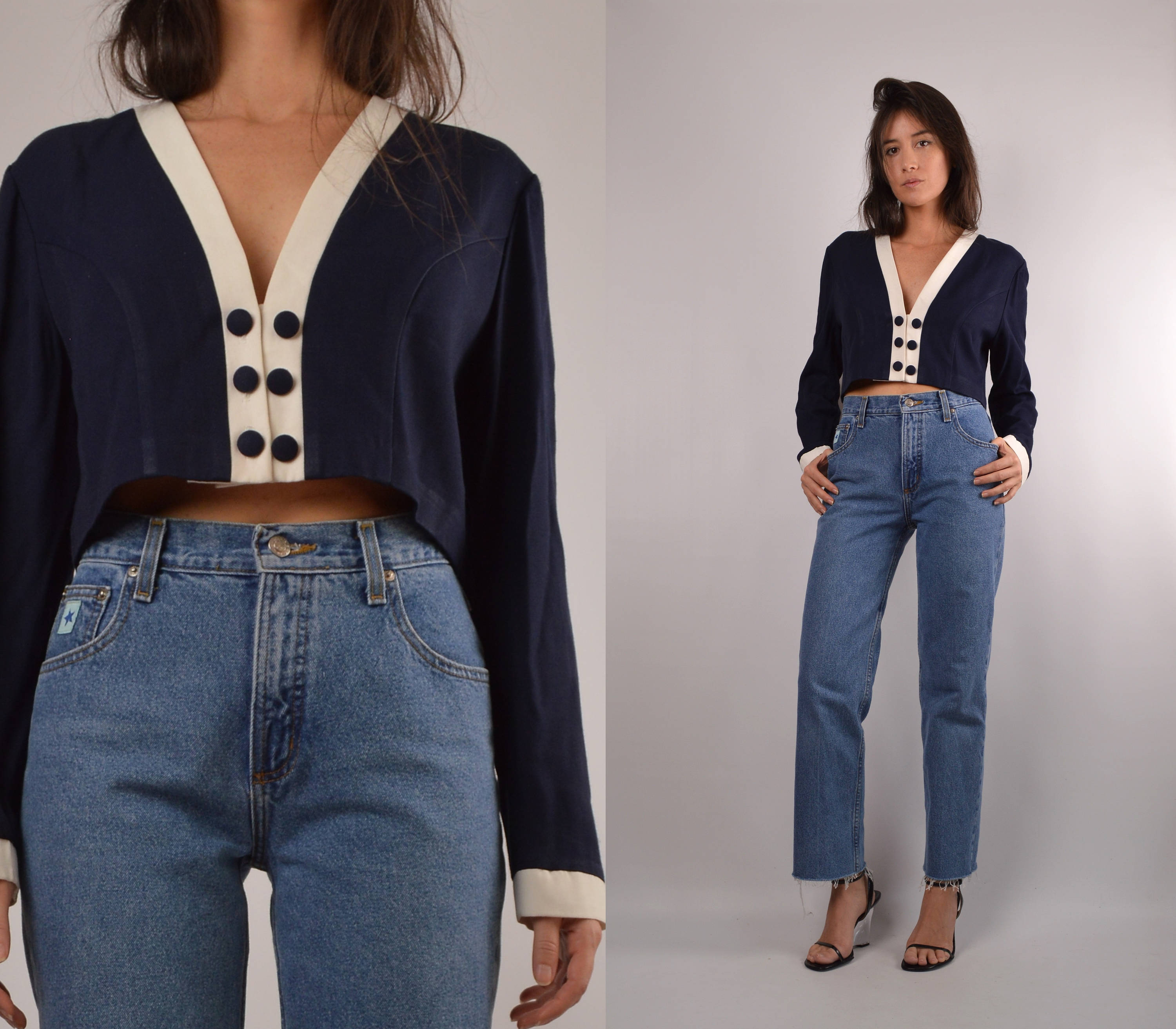 Vintage Nautical V-neck Long Sleeve Crop Top