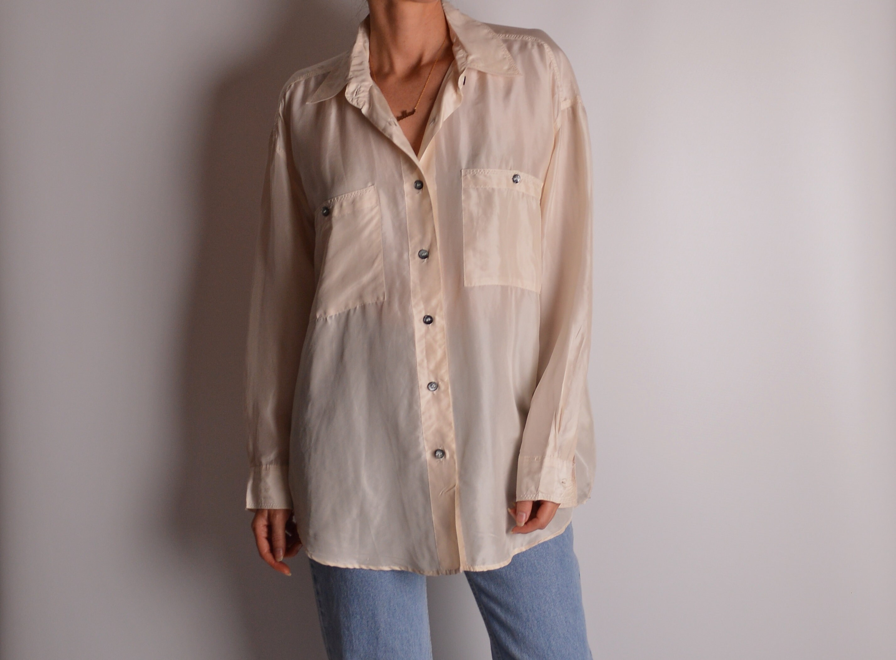Vintage Cream Silk Button Up Blouse (S-L)