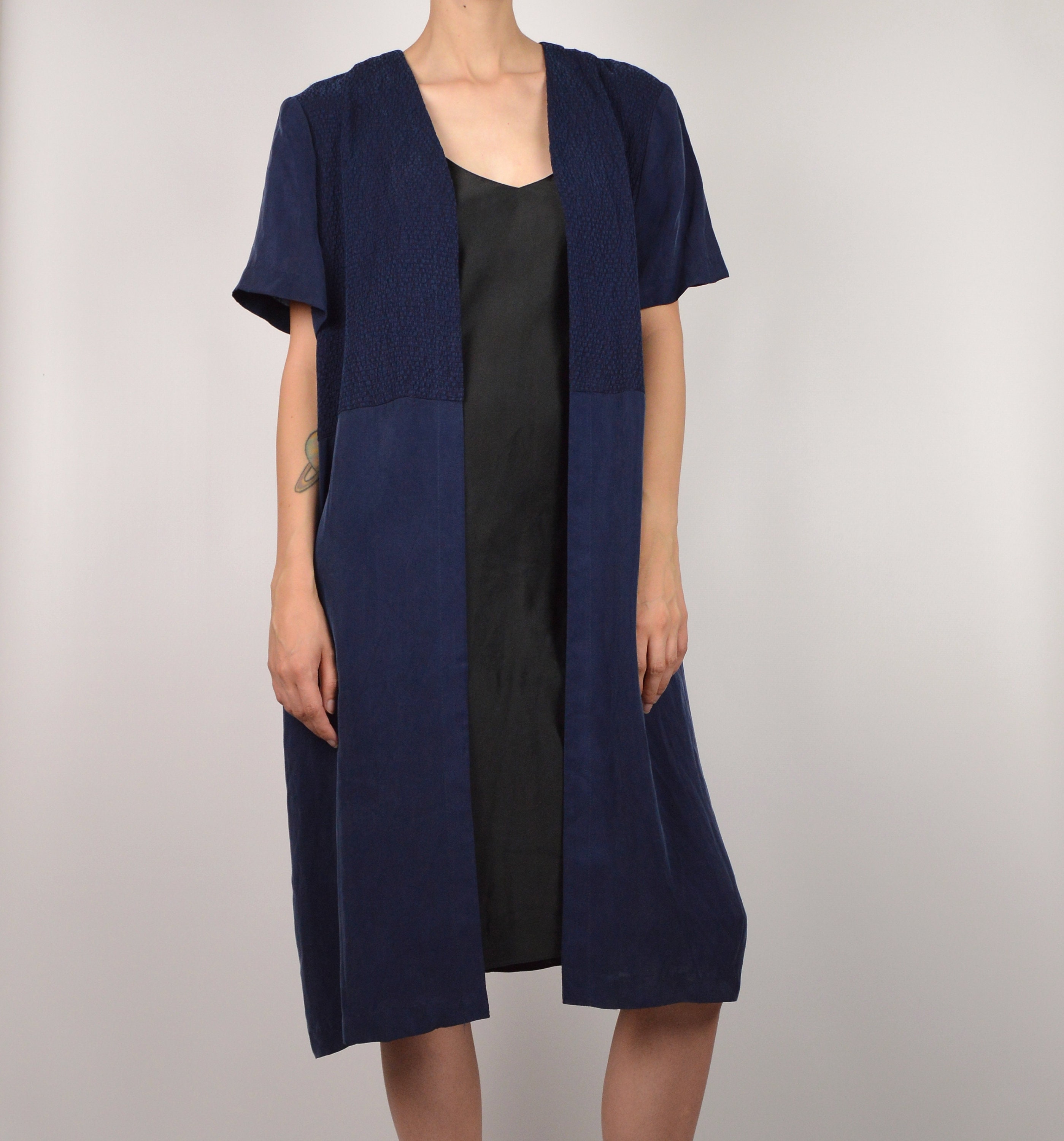 Minimalist Navy Silk Duster Jacket Vintage
