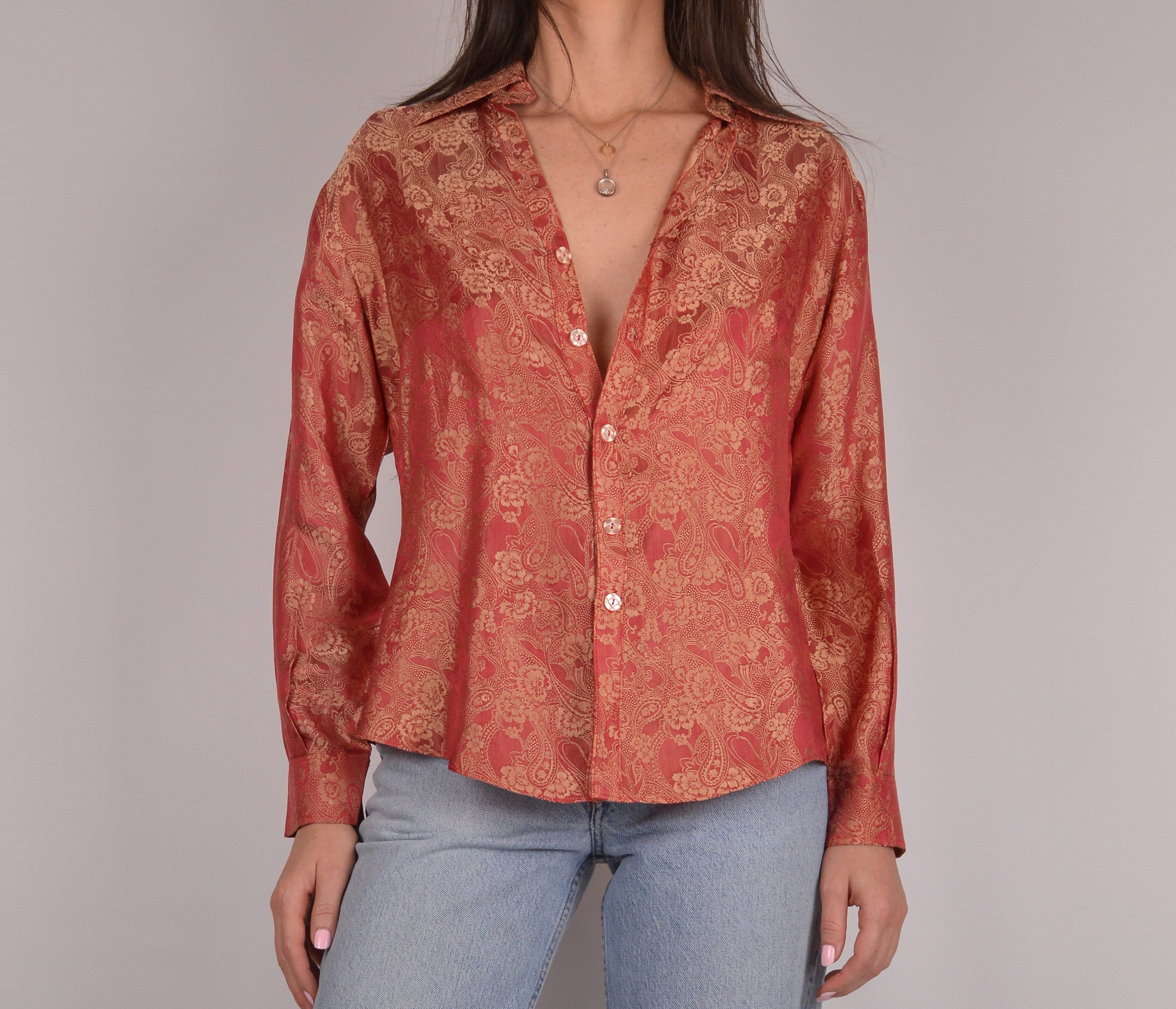 Vintage Red Embossed SILK Shirt