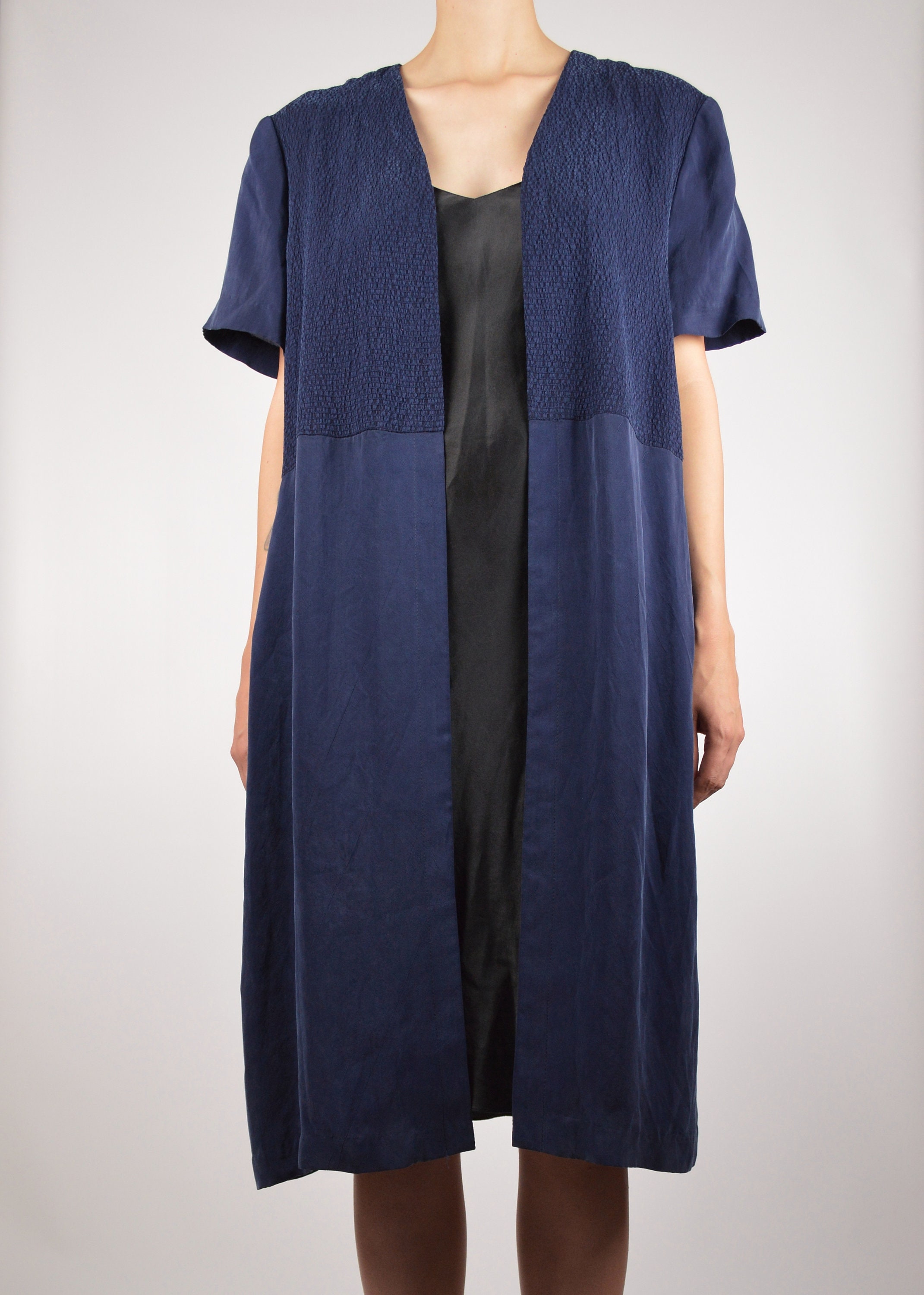 Minimalist Navy Silk Duster Jacket Vintage