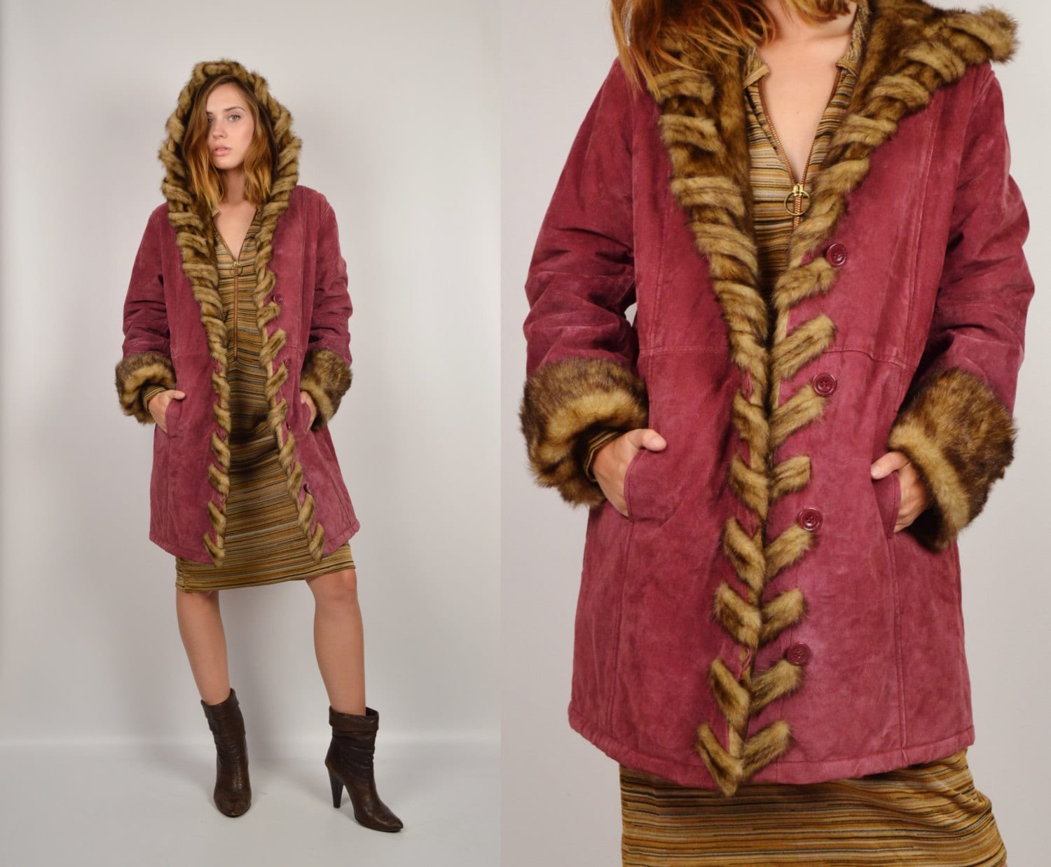 Raspberry Suede Long Coat Faux Fur Collar Vintage