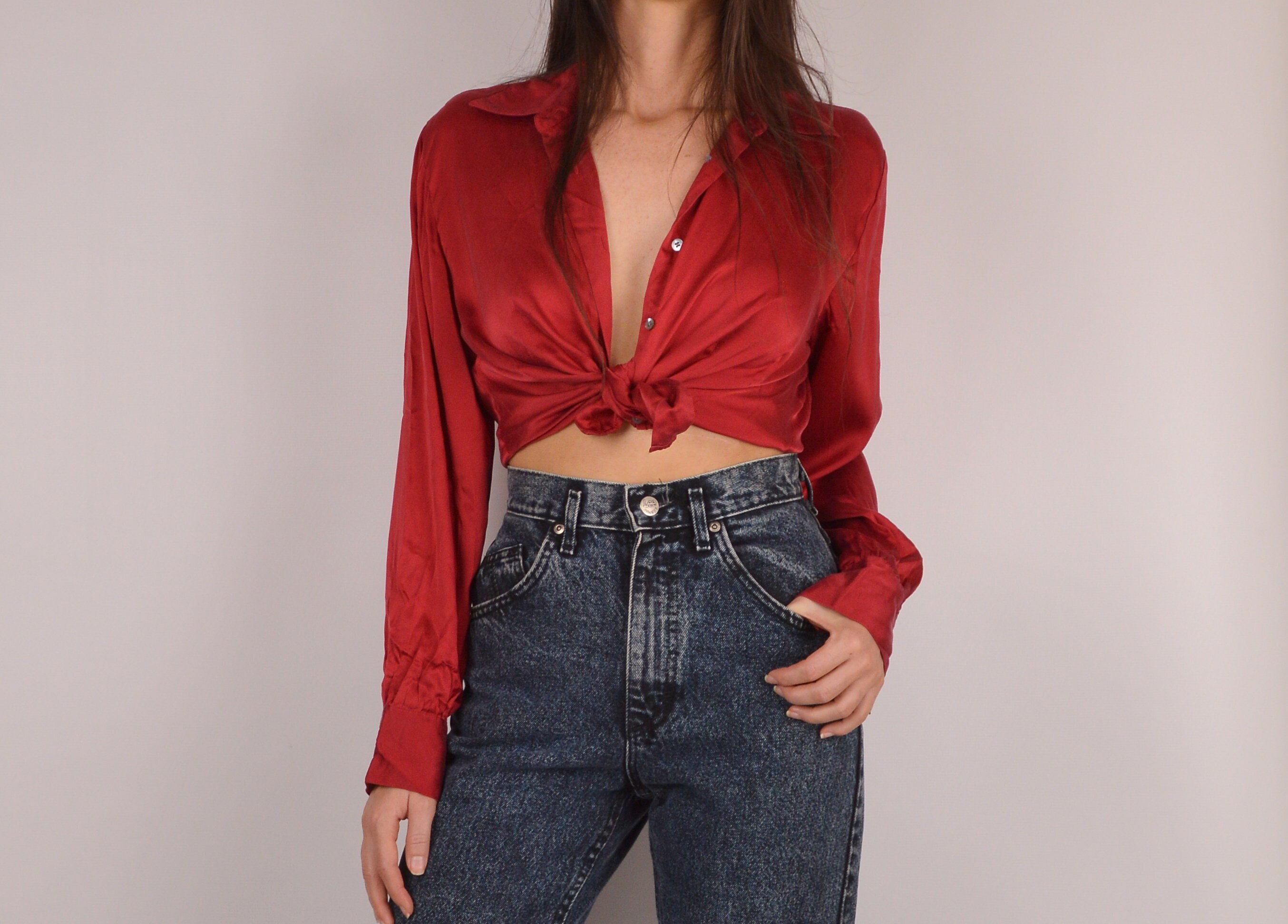 Red SILK Button Up Shirt / S-M