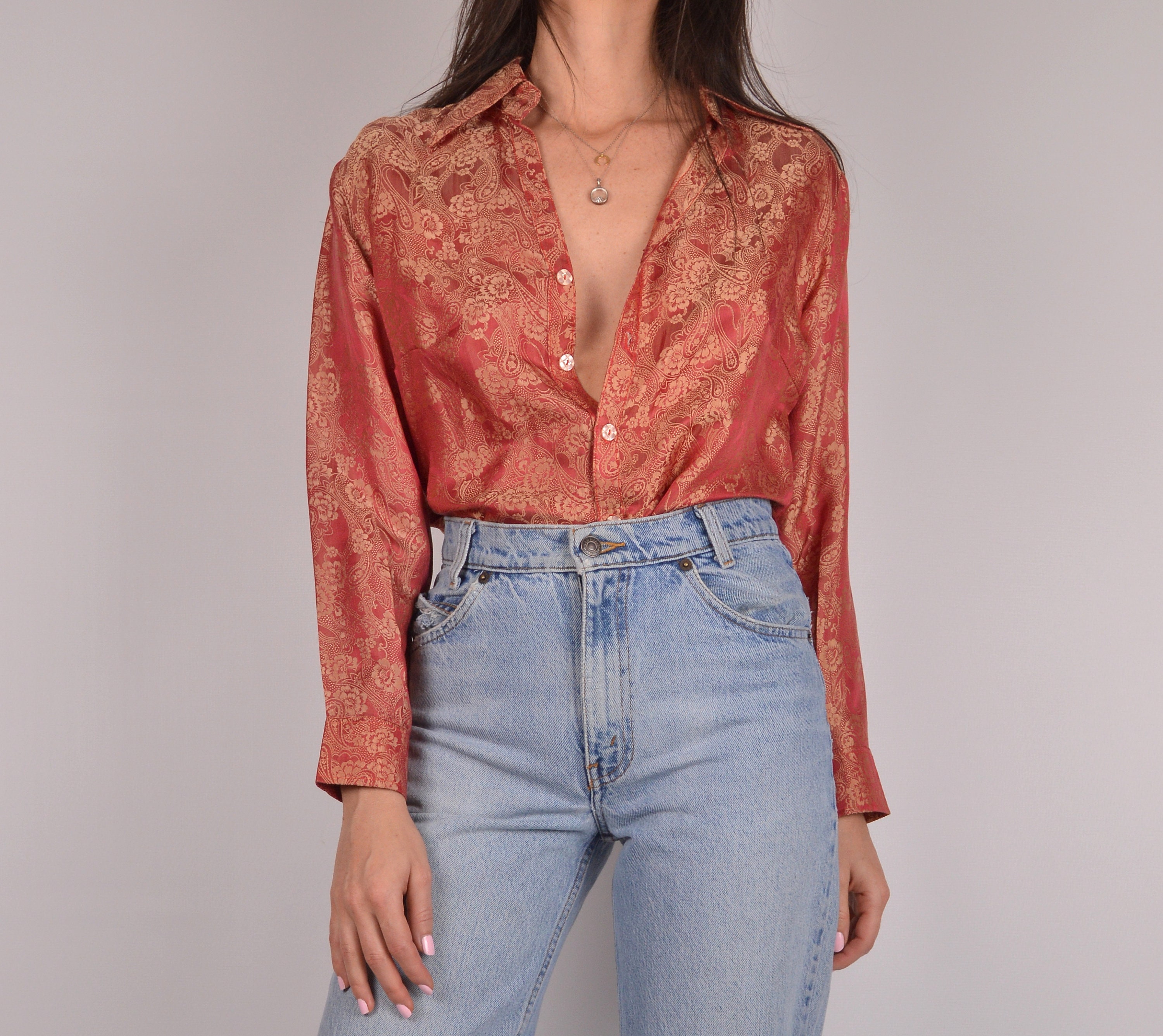 Vintage Red Embossed SILK Shirt