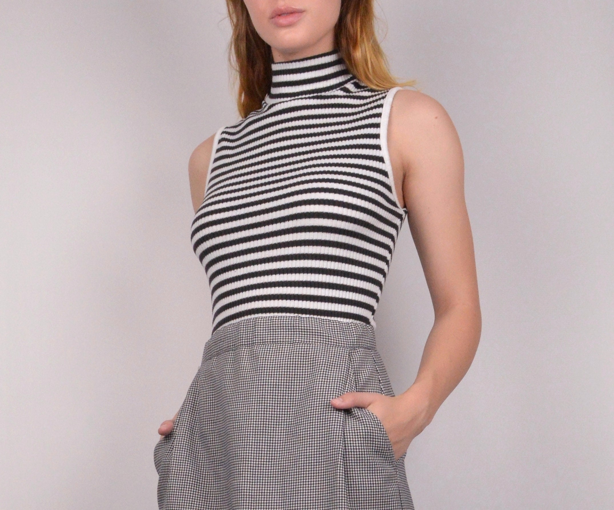 90's Ribbed Striped Mock Neck Top