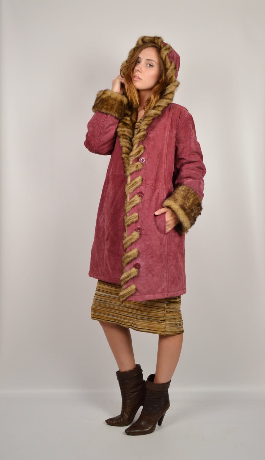 Raspberry Suede Long Coat Faux Fur Collar Vintage
