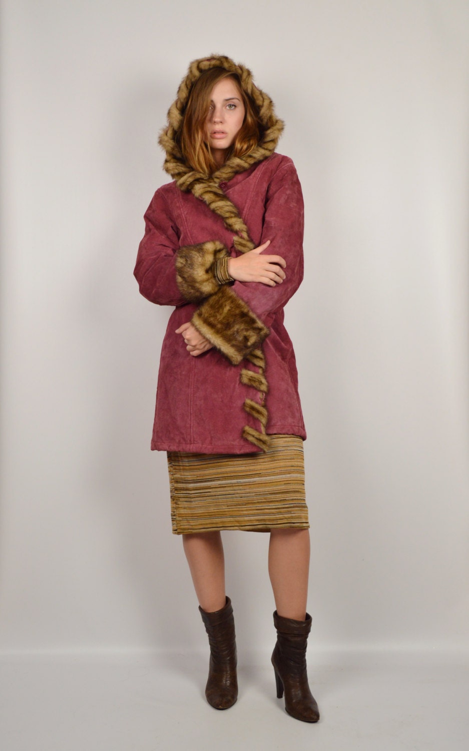 Raspberry Suede Long Coat Faux Fur Collar Vintage