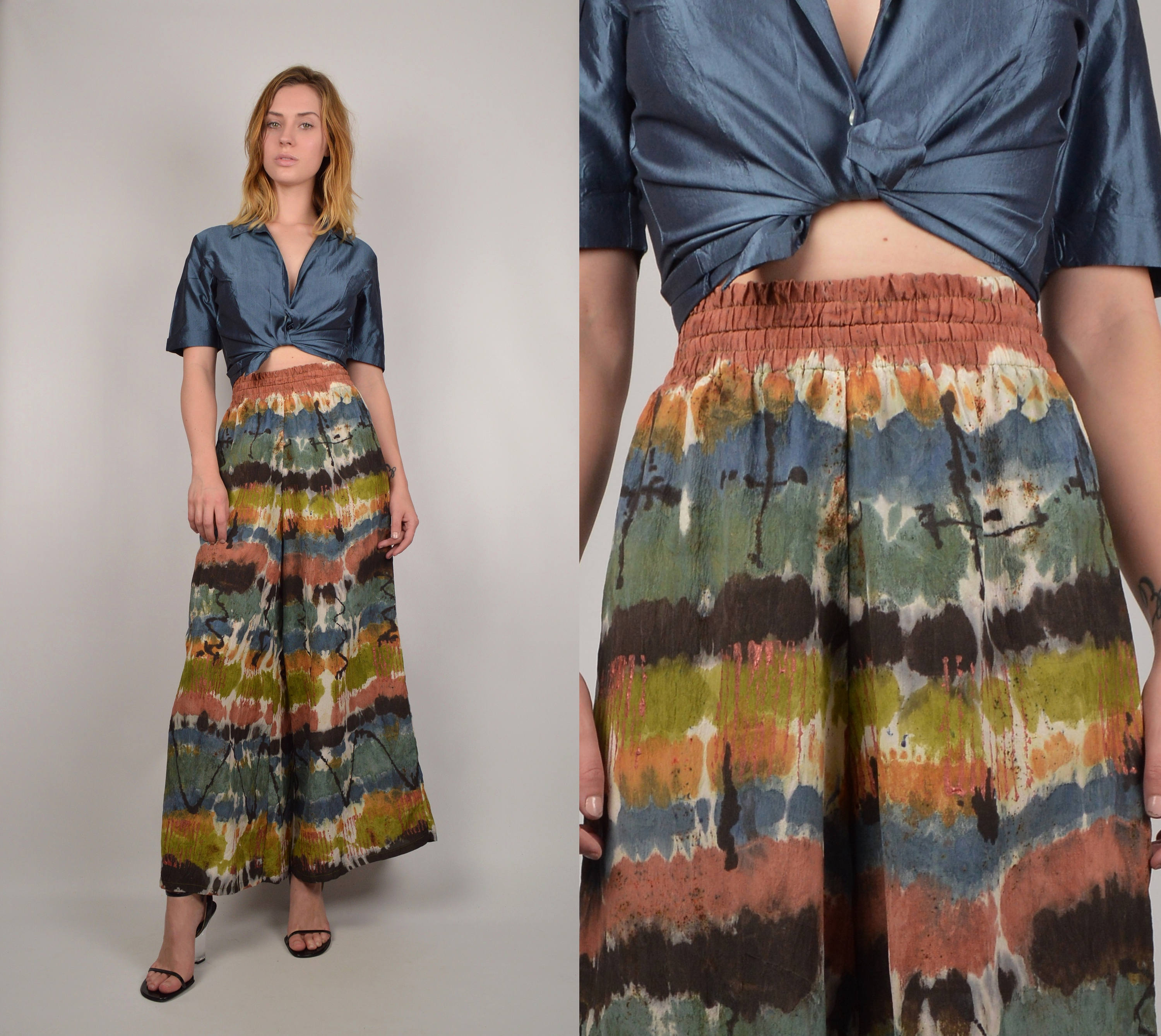 15 Off Vintage Silk Tie Dye High Waist Wide Leg Pants