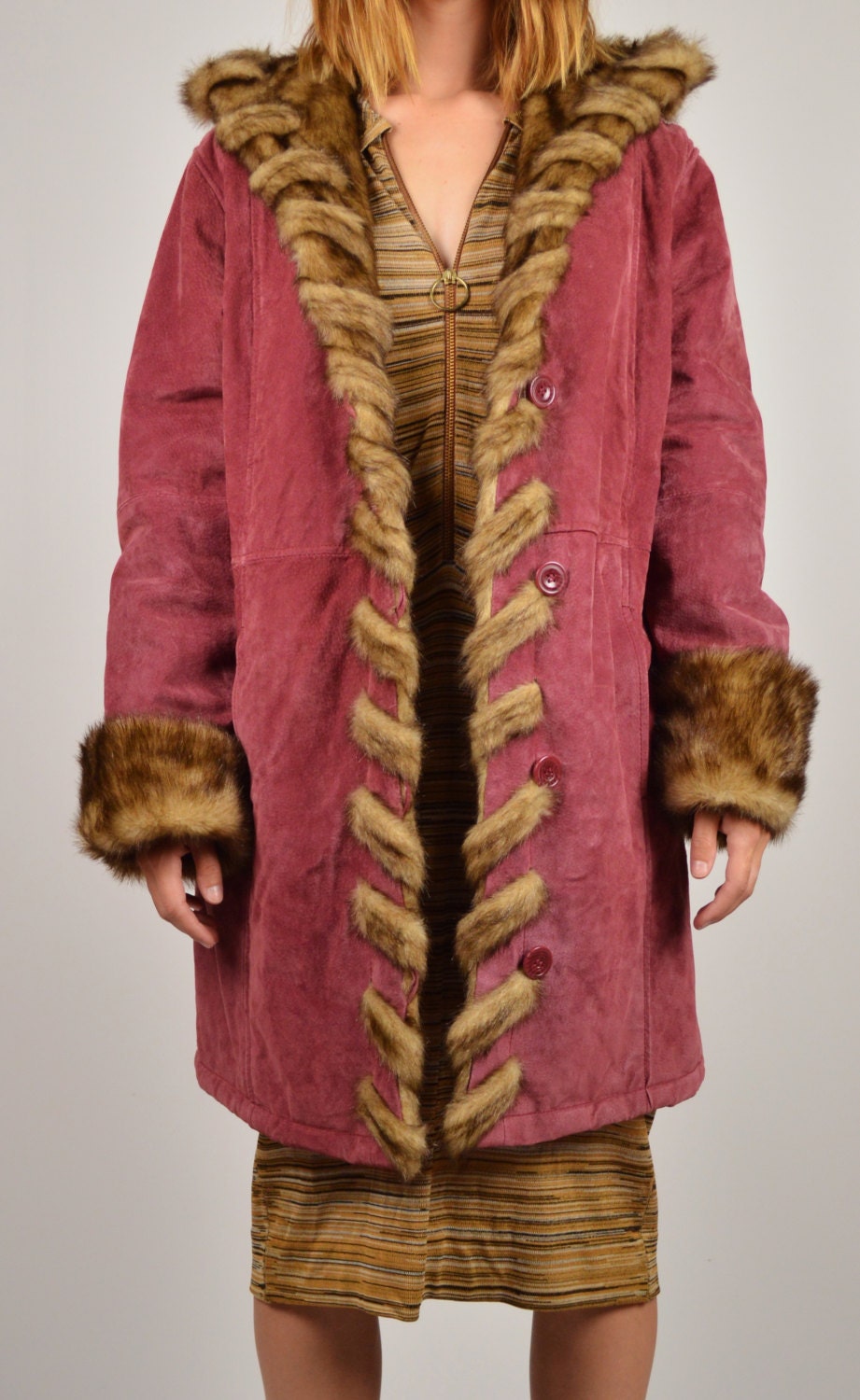 Raspberry Suede Long Coat Faux Fur Collar Vintage