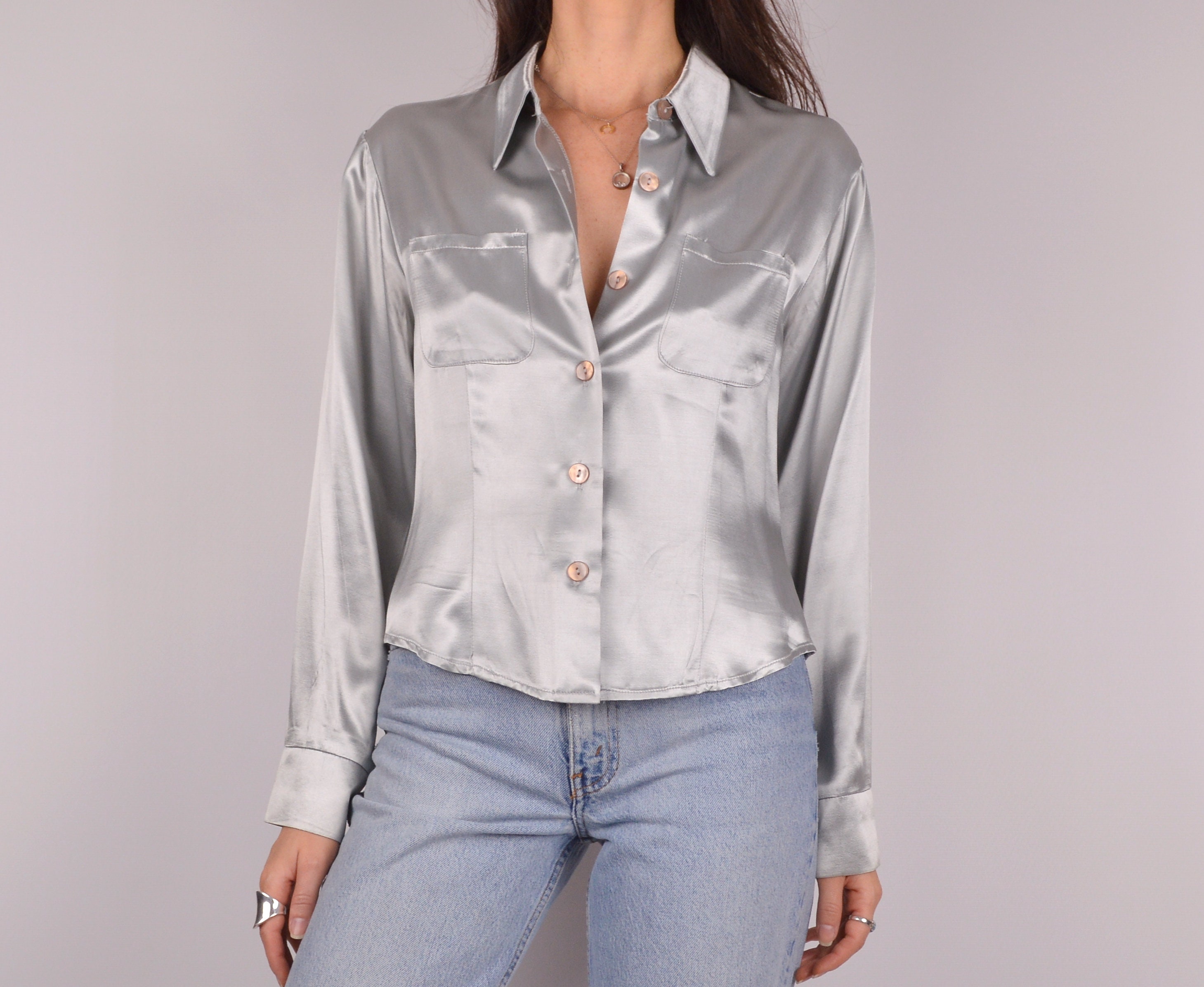 15% OFF SALE Vintage Liquid Silver Button-Up Shirt