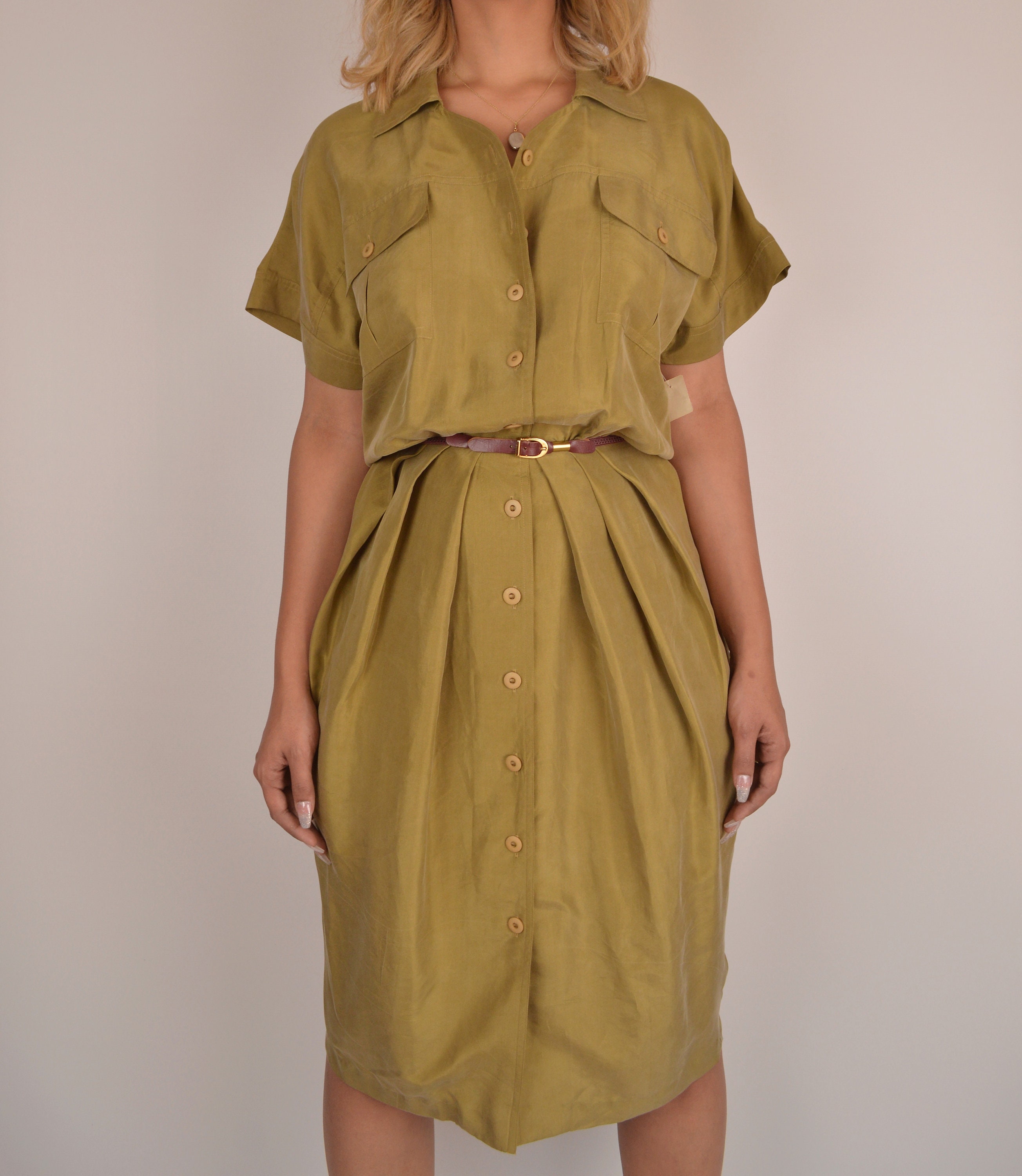 Vintage Olive SILK Midi Dress / M-L
